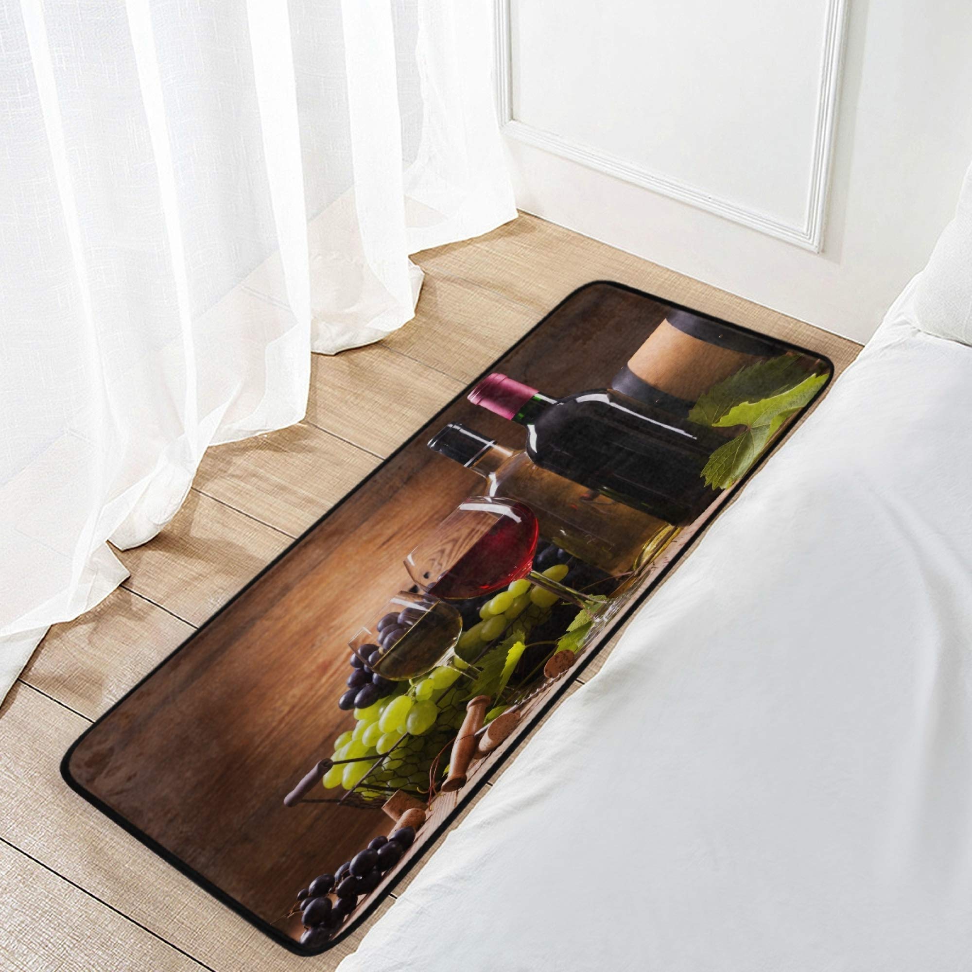 Glasses of Red and White Wine Kitchen Rugs Grapes Wooden Bath Rug Runner Comfort Mat Non-Slip Doormats Carpet for Bathroom Indoor 39" X 20"