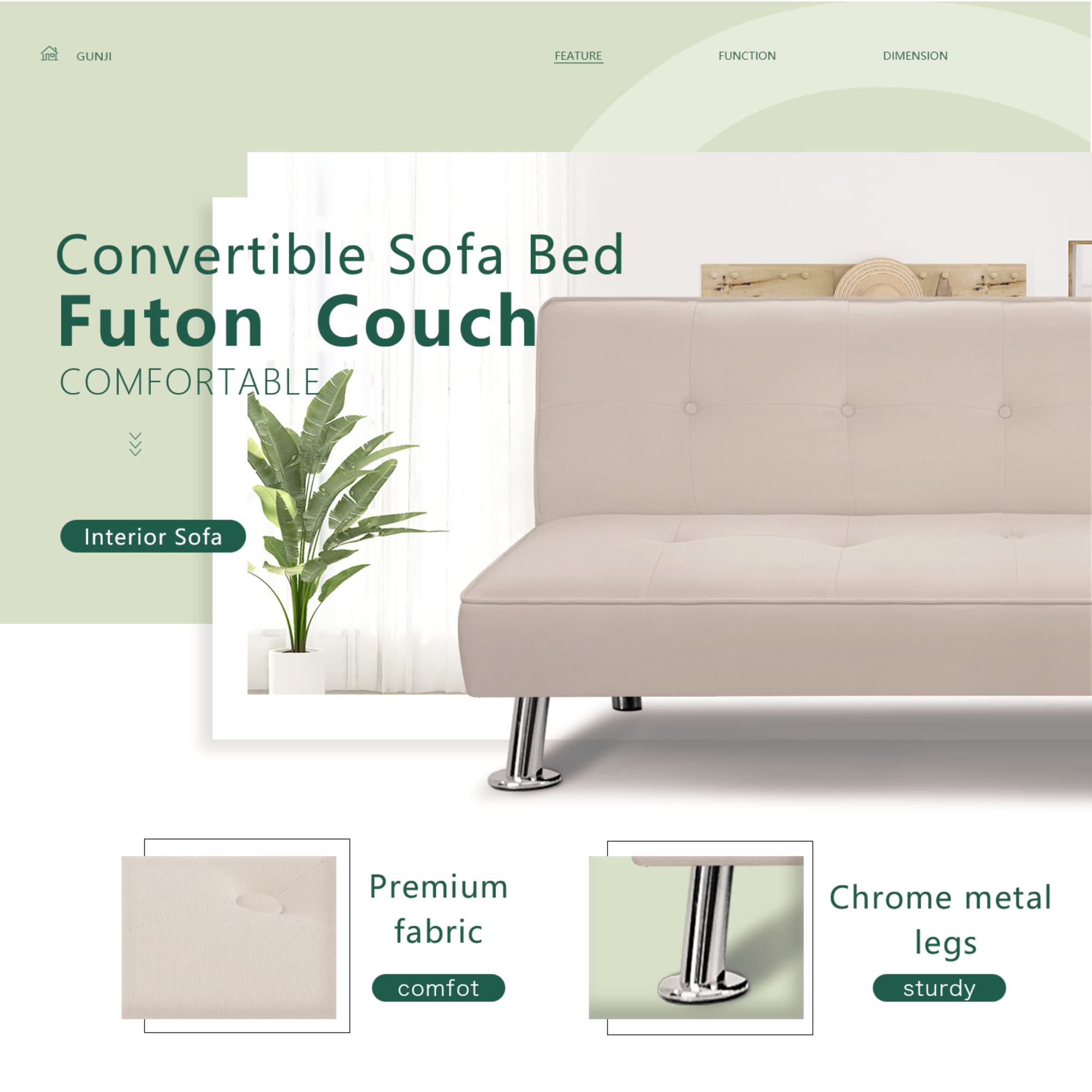 GUNJI Futon Sofa Bed Modern Collection Convertible Fabric Sofa Futon Couch Bed Folding Recliner for Living Room (Beige)