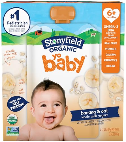 Stonyfield Organic YoBaby Whole Milk Banana & Oat Yogurt Pouches for Babies 6 Months & Older, 3.4 oz., 4 Ct