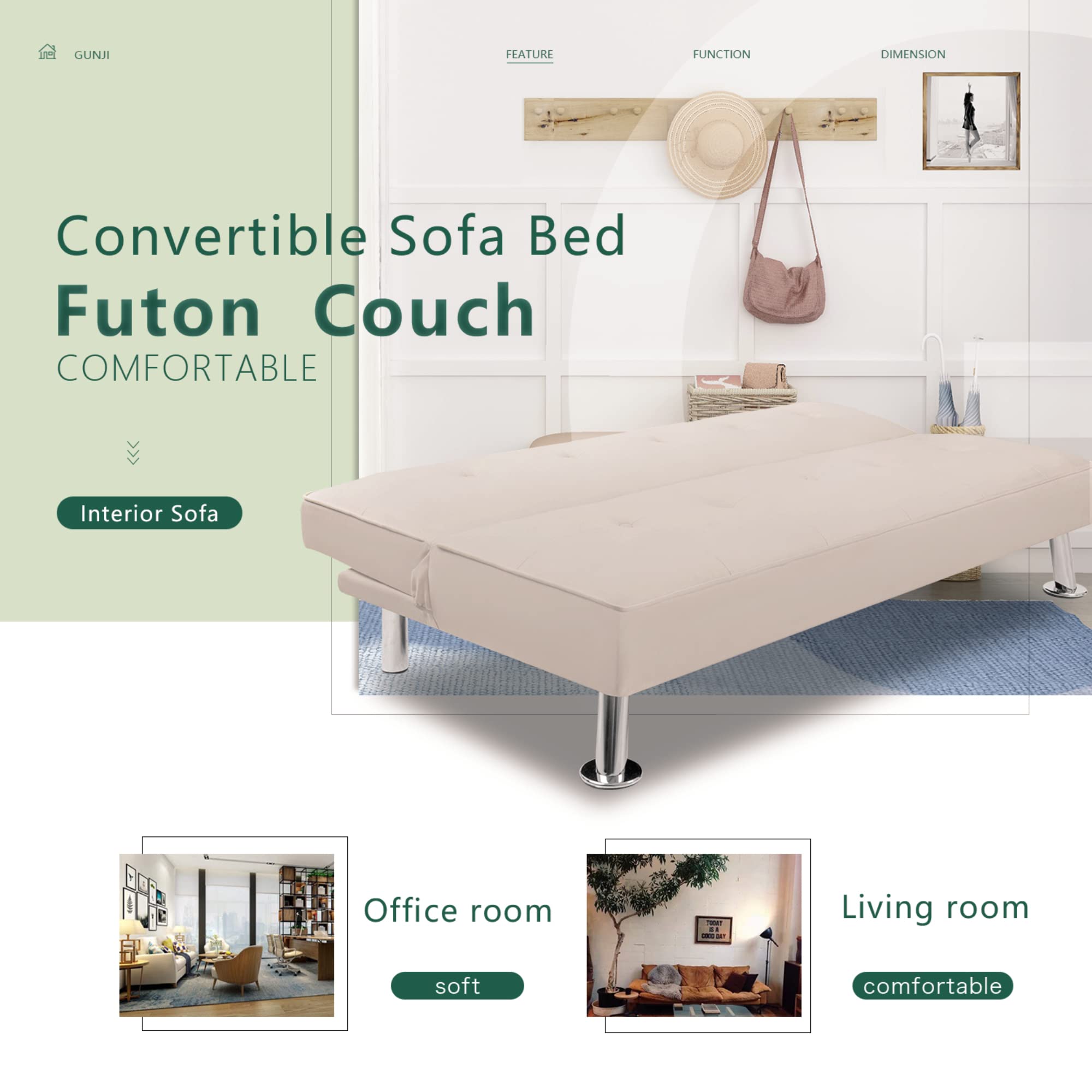 GUNJI Futon Sofa Bed Modern Collection Convertible Fabric Sofa Futon Couch Bed Folding Recliner for Living Room (Beige)
