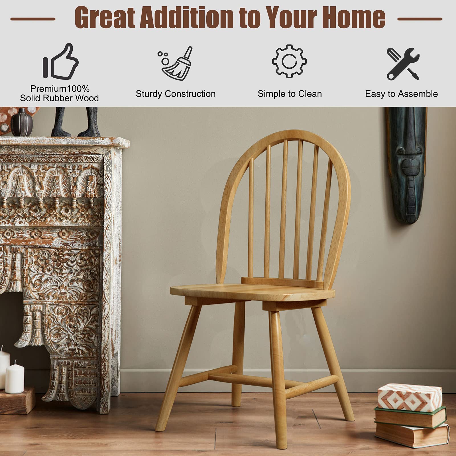 Giantex Wood Dining Chairs Set of 2, Windsor Chairs with Solid Wood Legs, High Spindle Back, H-Shaped Crossbars, Vintage Country Farmhouse Style Wooden Side Chairs