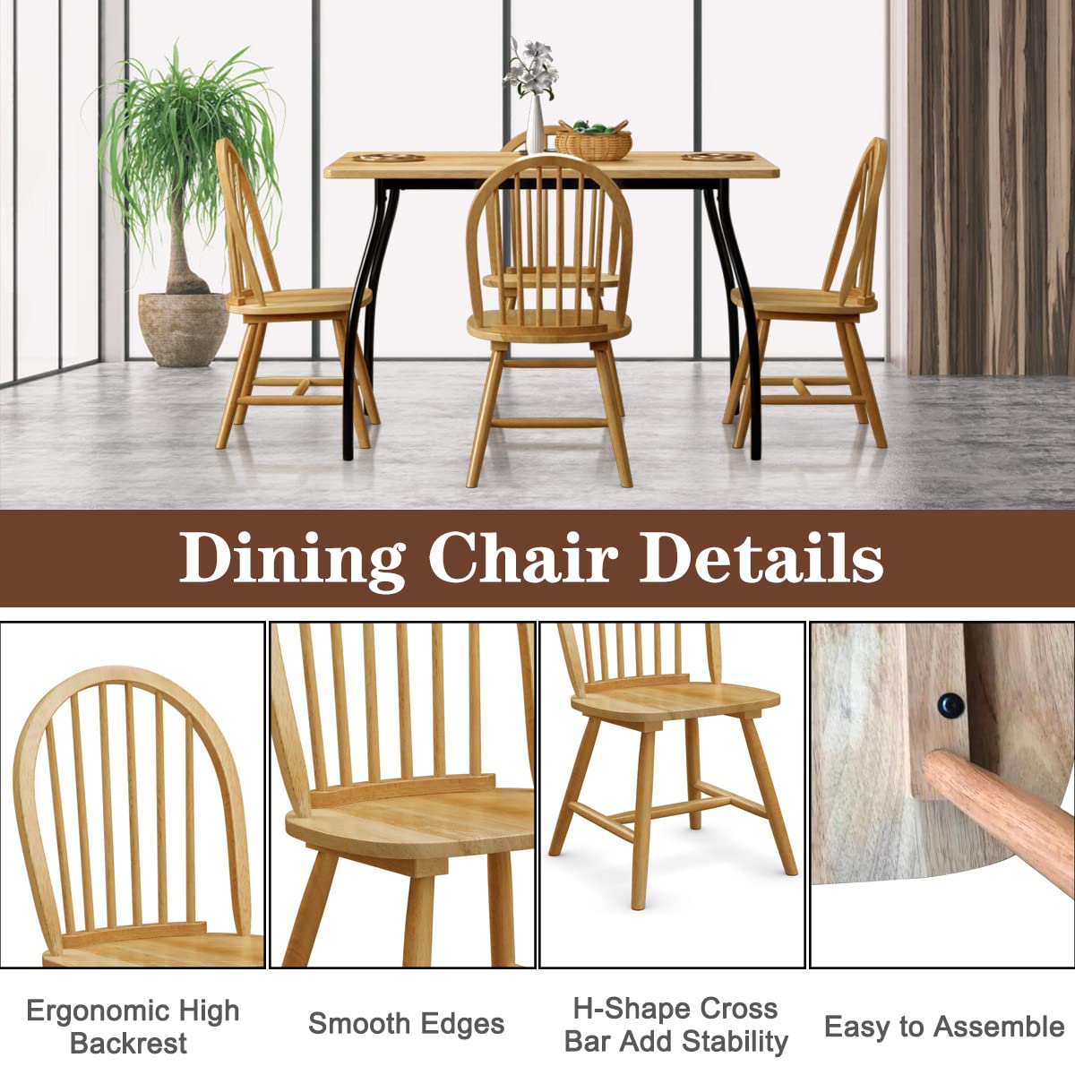 Giantex Wood Dining Chairs Set of 2, Windsor Chairs with Solid Wood Legs, High Spindle Back, H-Shaped Crossbars, Vintage Country Farmhouse Style Wooden Side Chairs