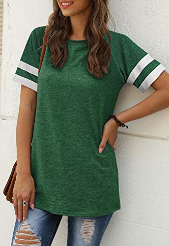 Adibosy Women Summer Casual Shirts: Short Sleeve Striped Tunic Tops - Womens Loose Round Neck Tee Tshirt Blouses Green M