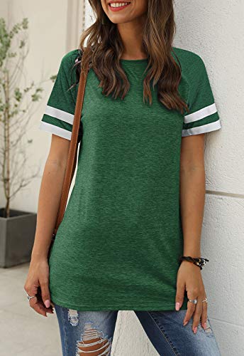 Adibosy Women Summer Casual Shirts: Short Sleeve Striped Tunic Tops - Womens Loose Round Neck Tee Tshirt Blouses Green M