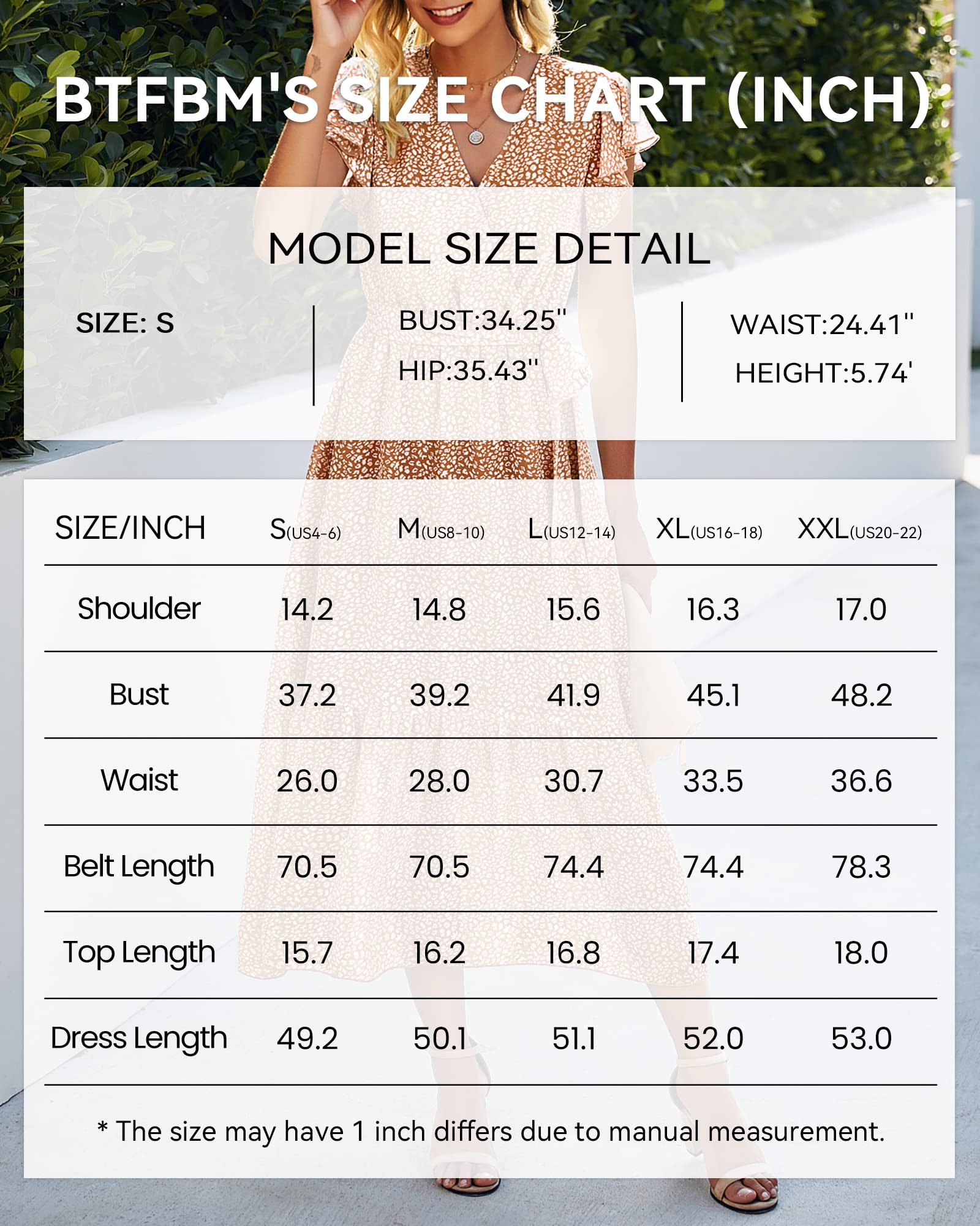 BTFBM Women Summer Bohemian Floral Casual Wrap V Neck Ruffle Cap Sleeveless Belt A-Line Pleated Hem Swing Midi Sun Dress (Coffee, Large)