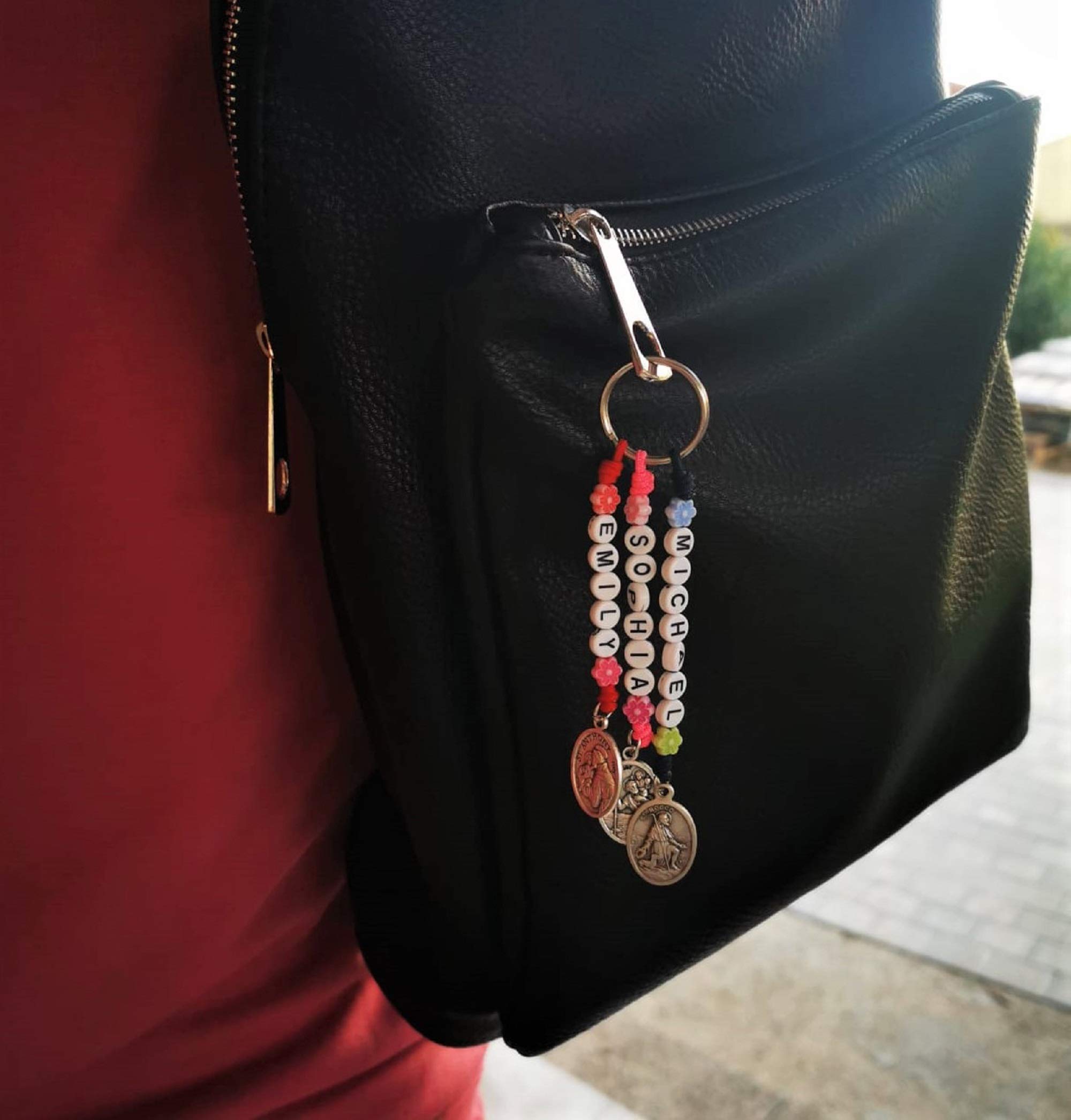 Custom Backpack Name Tags with Catholic Saint Medals - Personalized Bag Nametag