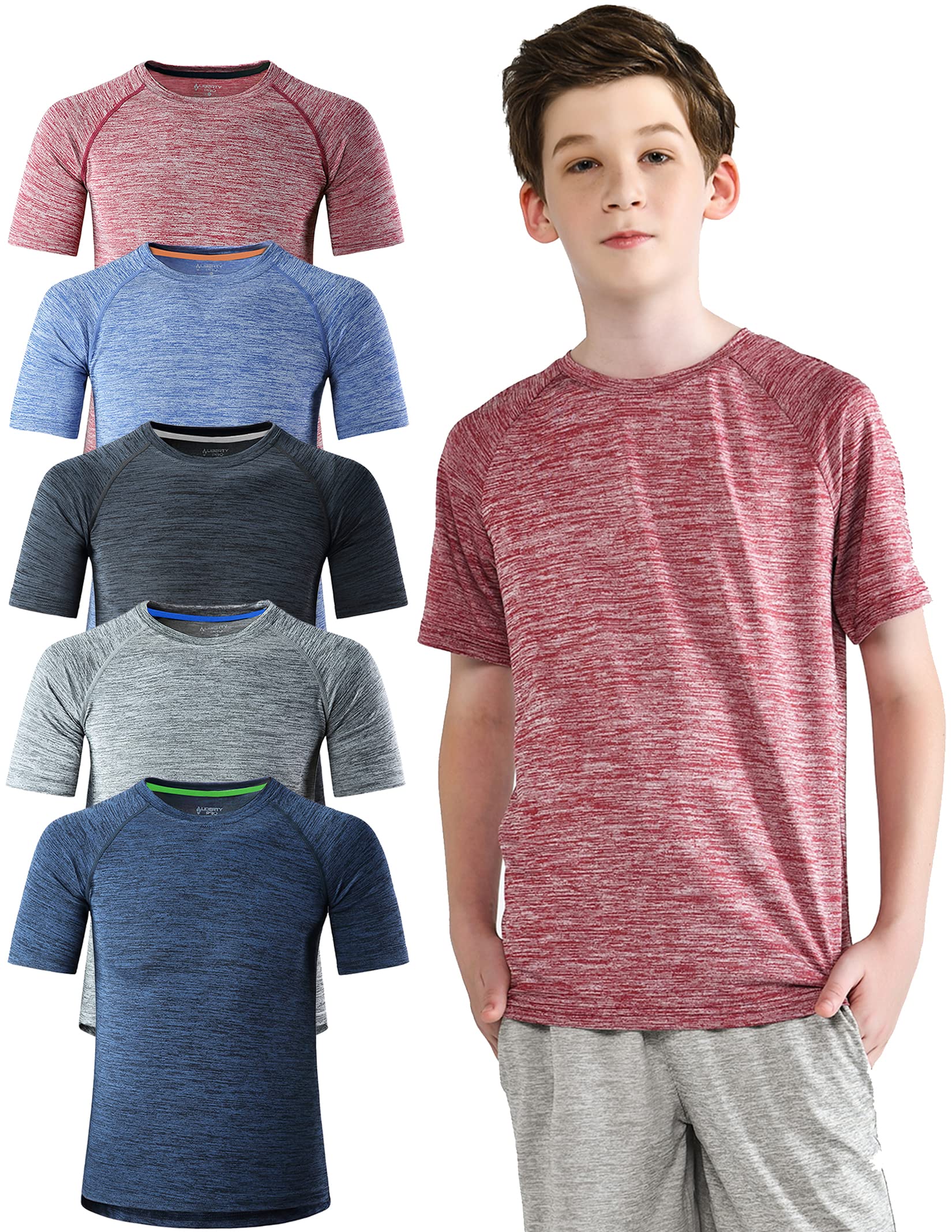 5 Pack Boys Athletic Shirts, Youth Activewear Dry Fit Tshirts for Kids, Short Sleeve Tees, Bulk Athletic Performance Clothing (Set 1, X-Large)