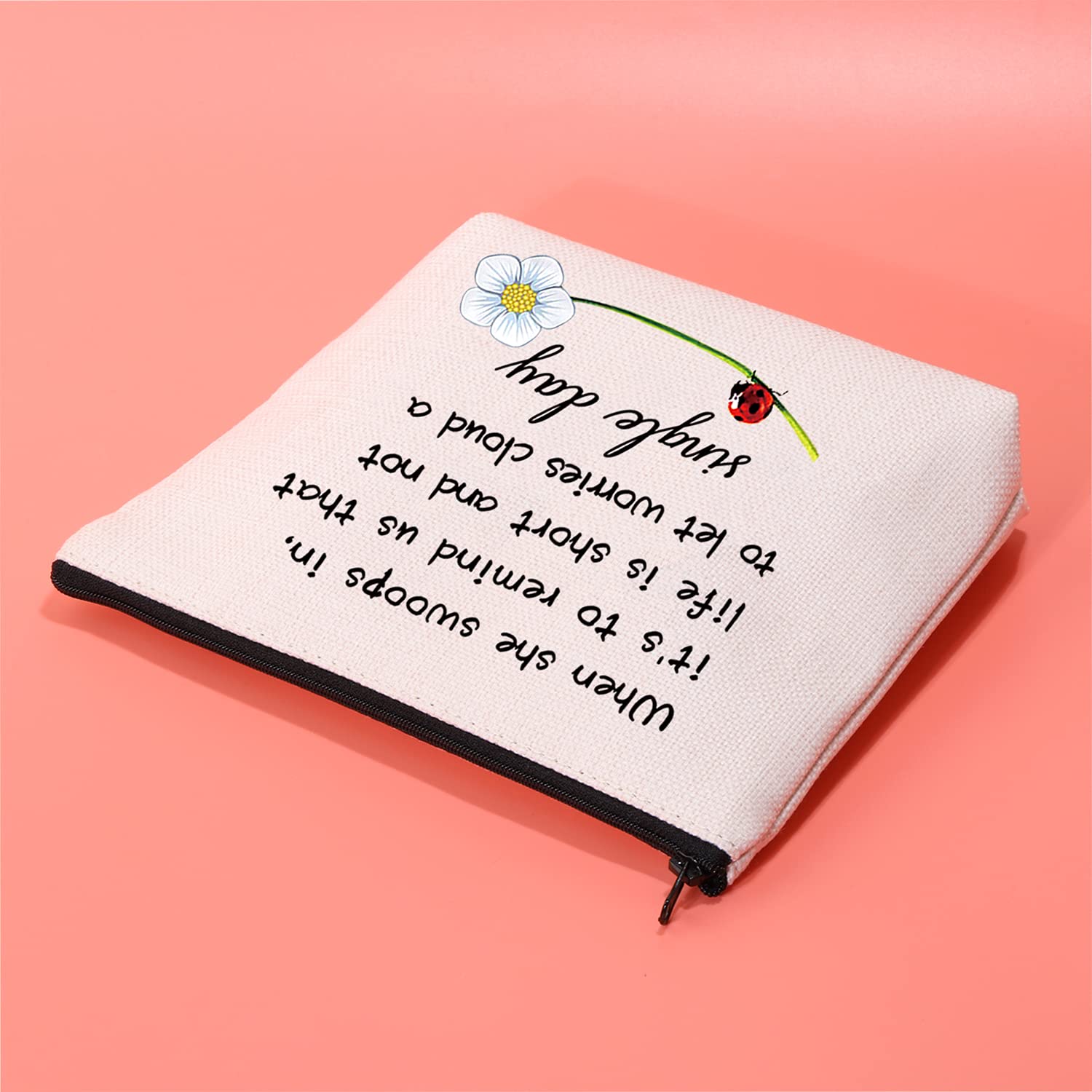 JXGZSO Good Luck Ladybug Makeup Bag With Zipper Gifts For Women When She Swoops In It's To Remind Us Not To Let Worries Cloud A Single Day Cosmetic Bag (Ladybug)