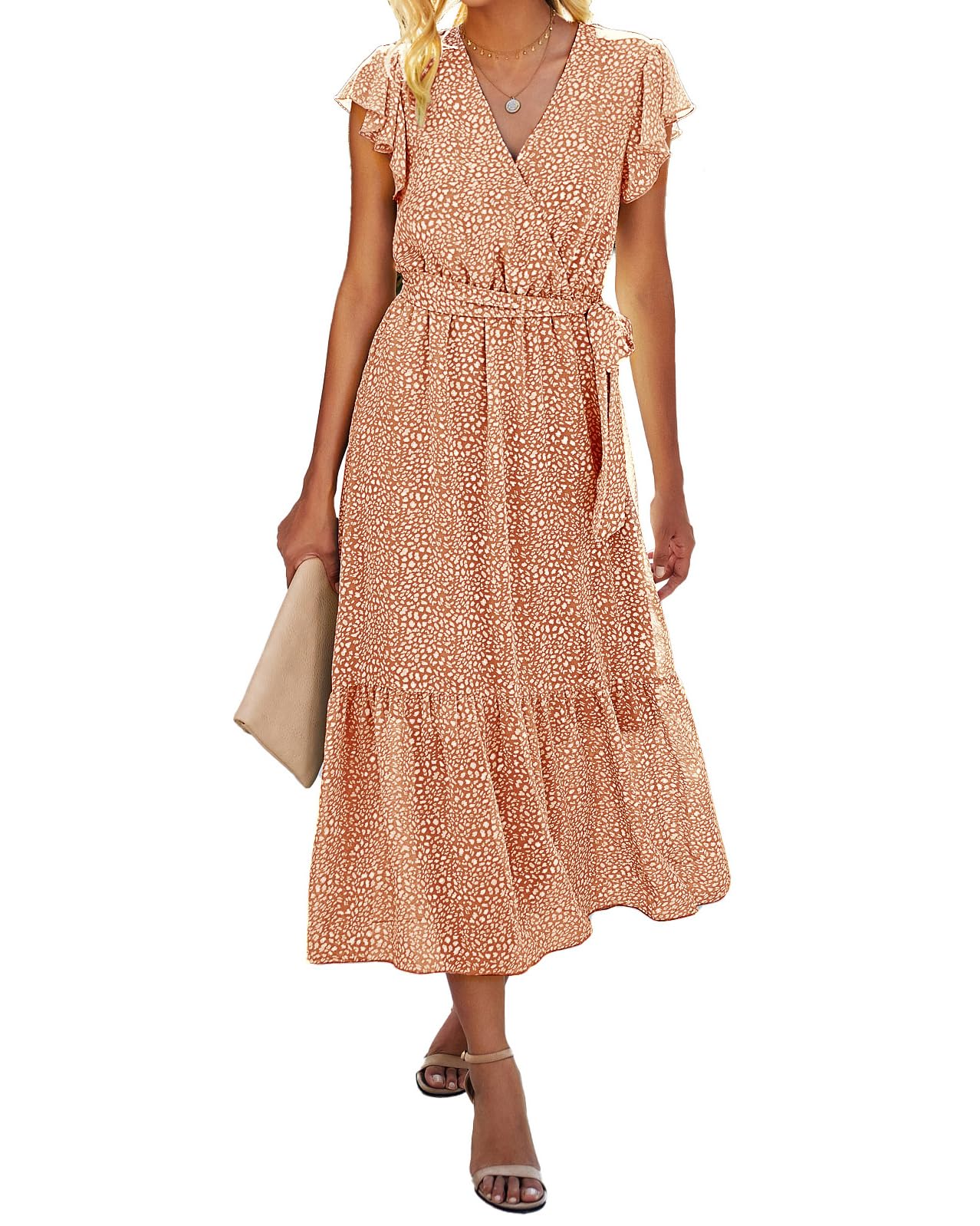 BTFBM Women Summer Bohemian Floral Casual Wrap V Neck Ruffle Cap Sleeveless Belt A-Line Pleated Hem Swing Midi Sun Dress (Coffee, Large)