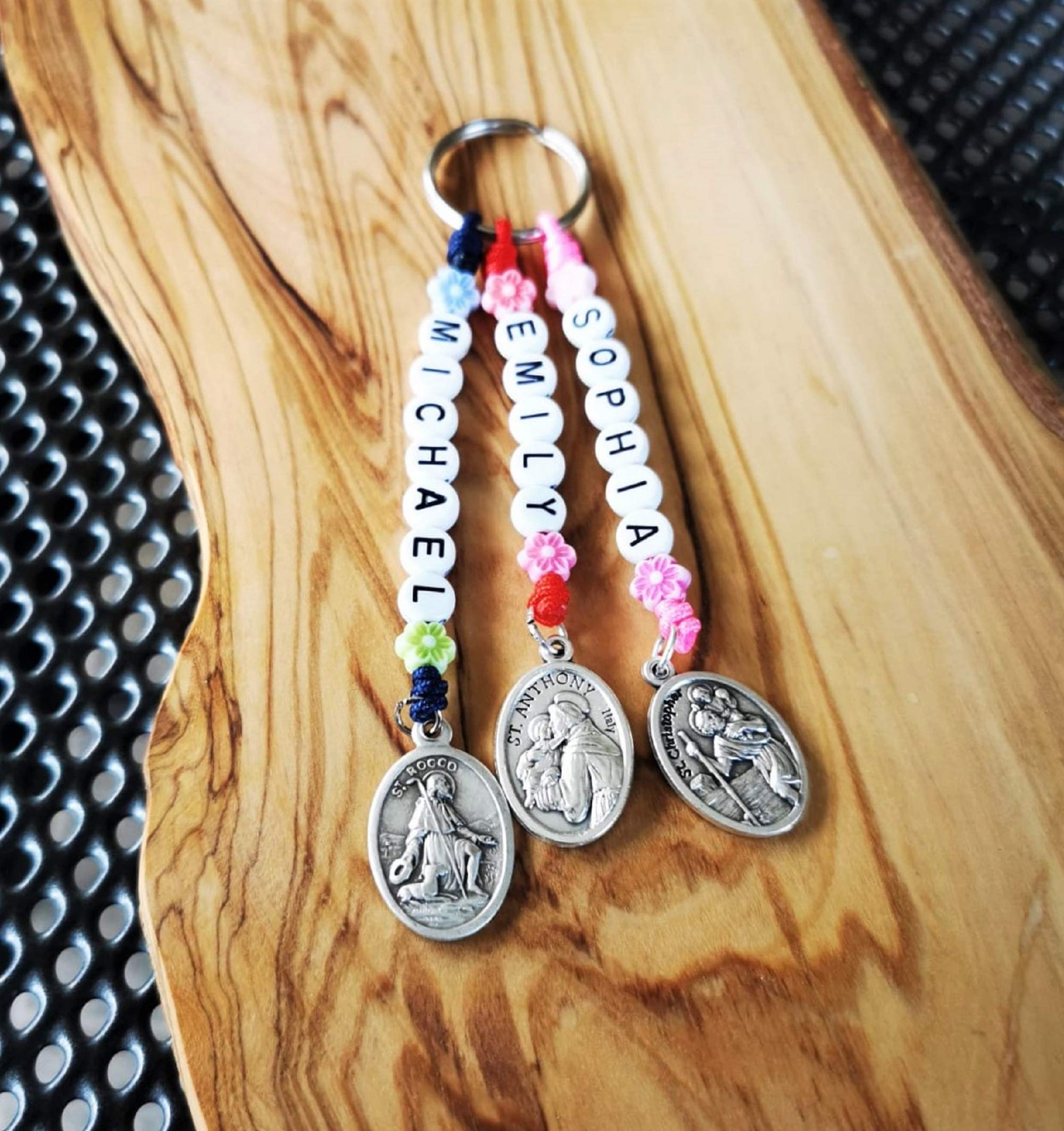 Custom Backpack Name Tags with Catholic Saint Medals - Personalized Bag Nametag