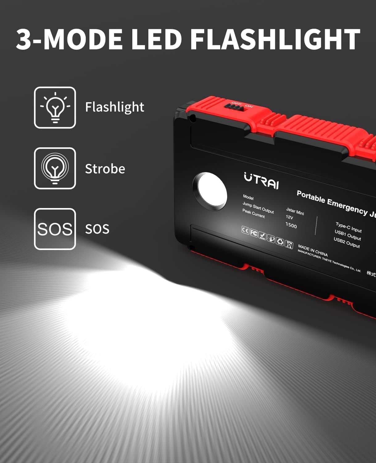 UTRAI Portable Car Jump Starter,1000A Peak 13800mAh Car Battery Jump Starter Pack JS-Mini (Up to 7.5L Gas and 5.5L Diesel Engine),12V Auto Battery Booster,Lithium Jump Box with LED Light/USB QC3.0
