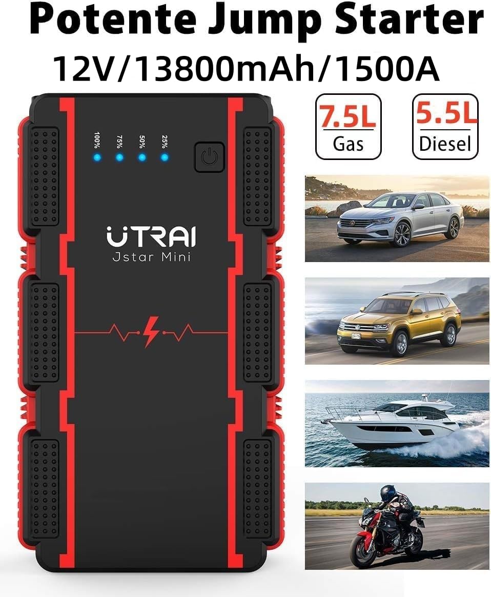 UTRAI Portable Car Jump Starter,1000A Peak 13800mAh Car Battery Jump Starter Pack JS-Mini (Up to 7.5L Gas and 5.5L Diesel Engine),12V Auto Battery Booster,Lithium Jump Box with LED Light/USB QC3.0