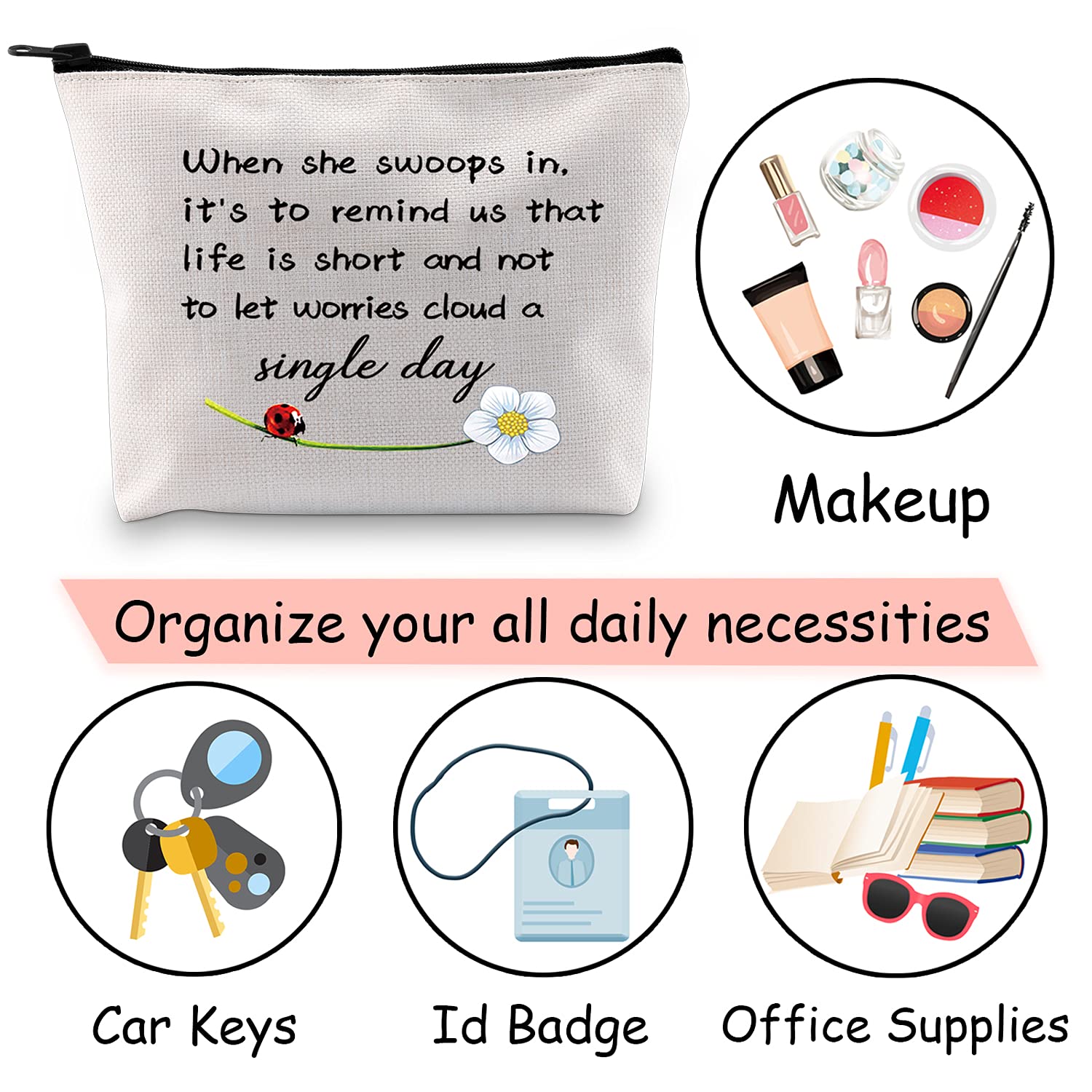 JXGZSO Good Luck Ladybug Makeup Bag With Zipper Gifts For Women When She Swoops In It's To Remind Us Not To Let Worries Cloud A Single Day Cosmetic Bag (Ladybug)