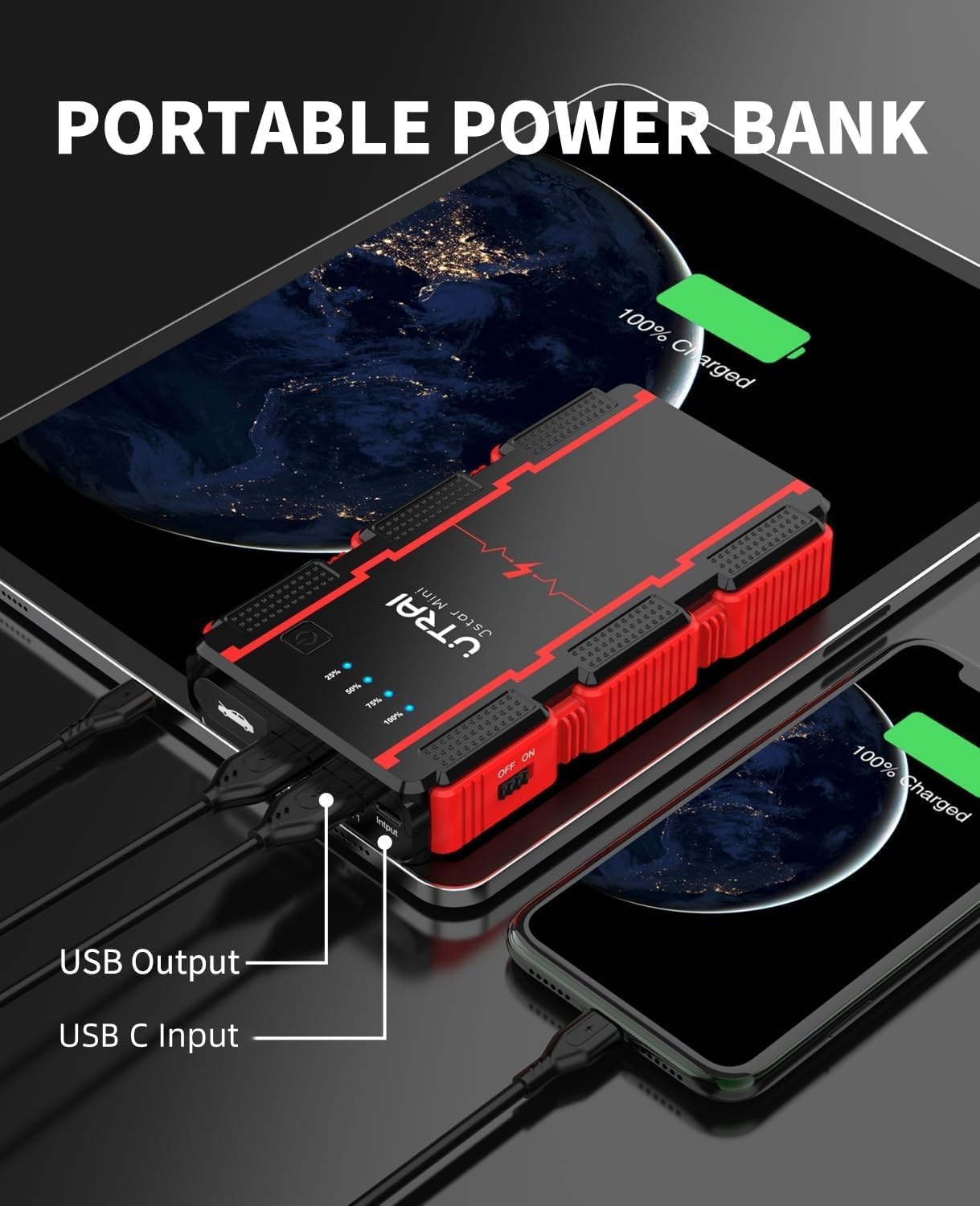 UTRAI Portable Car Jump Starter,1000A Peak 13800mAh Car Battery Jump Starter Pack JS-Mini (Up to 7.5L Gas and 5.5L Diesel Engine),12V Auto Battery Booster,Lithium Jump Box with LED Light/USB QC3.0