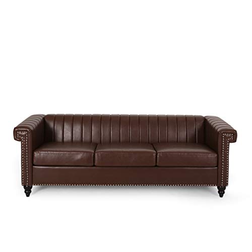 Christopher Knight Home Drury Channel Stitch 3 Seater Sofa with Nailhead Trim - Dark Brown