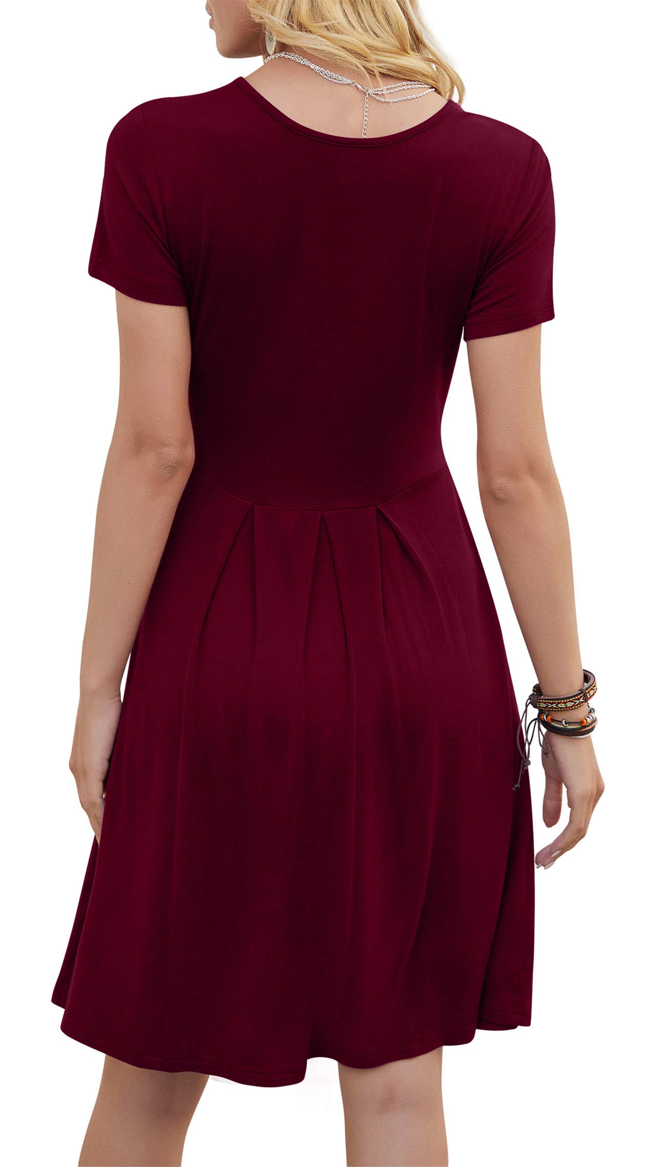 DouBCQ Women's Casual Short Sleeve Flowy Pleated Loose Dresses with Pockets (0-Wine Red, L)