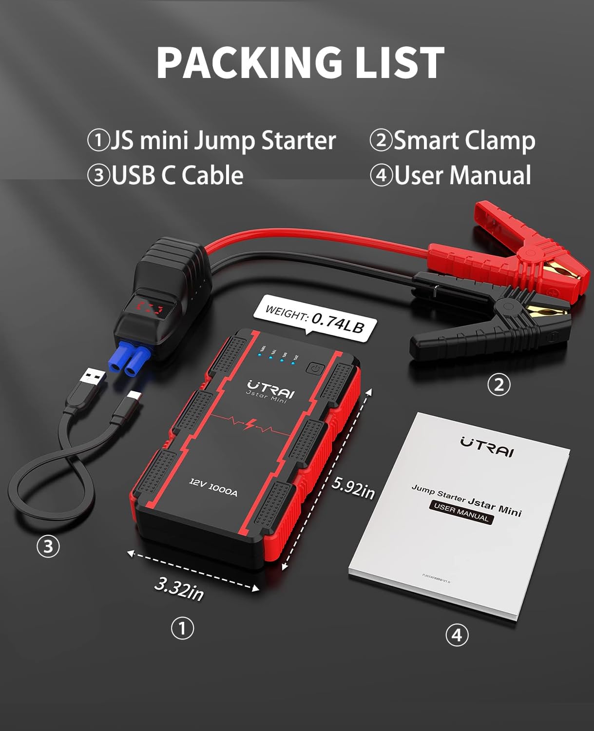 UTRAI Portable Car Jump Starter,1000A Peak 13800mAh Car Battery Jump Starter Pack JS-Mini (Up to 7.5L Gas and 5.5L Diesel Engine),12V Auto Battery Booster,Lithium Jump Box with LED Light/USB QC3.0