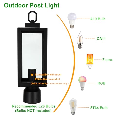LIT-PaTH Outdoor Post Lighting Fixture with E26 Medium Base Max 60W, Metal Housing Plus Clear Glass, Matte Black Finish, Bulb Not Included, 1-Pack