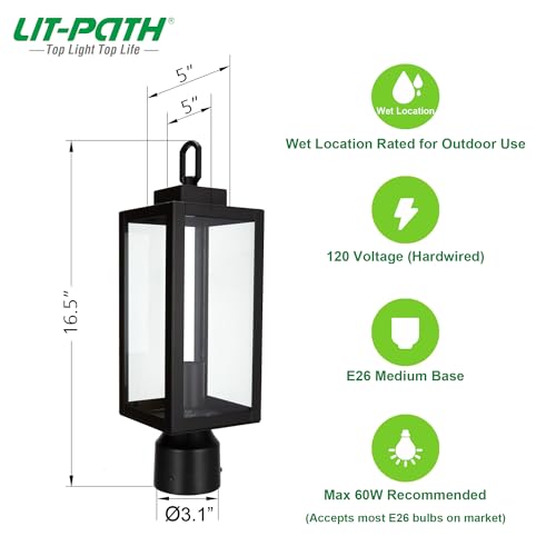 LIT-PaTH Outdoor Post Lighting Fixture with E26 Medium Base Max 60W, Metal Housing Plus Clear Glass, Matte Black Finish, Bulb Not Included, 1-Pack