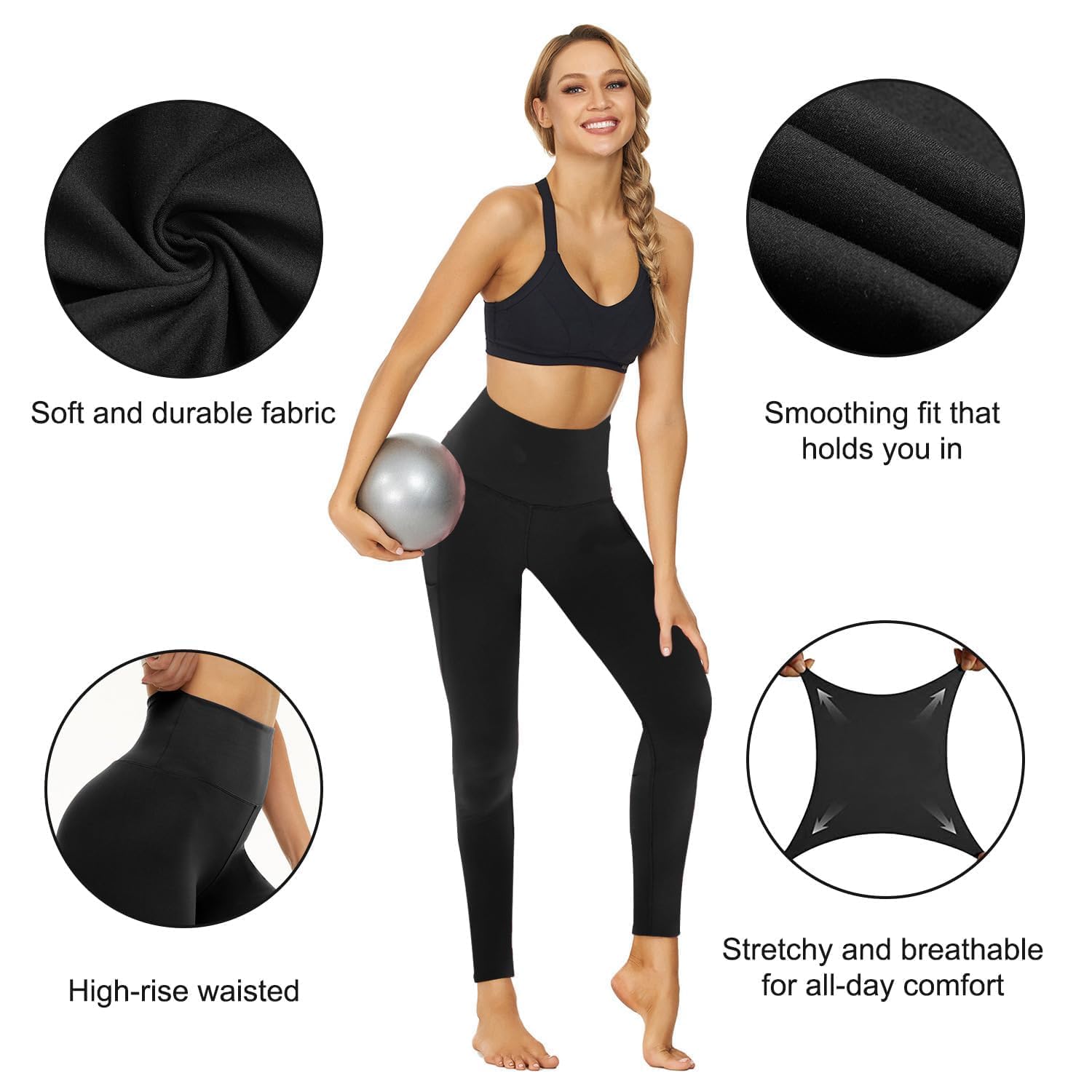 TNNZEET 7 Pack Leggings for Women - Black High Waisted Yoga Pants with Pockets Fleece Lined Leggings Women