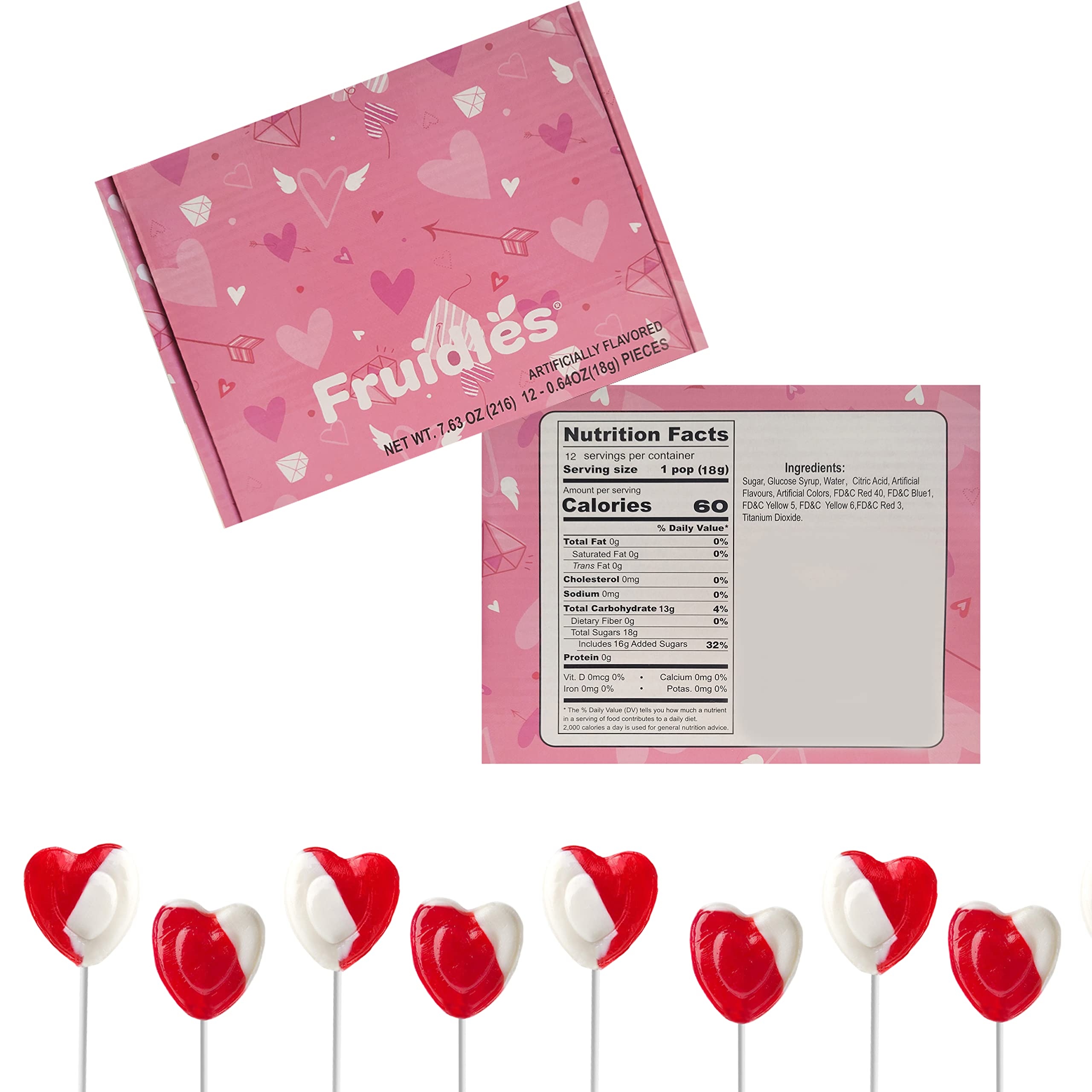 Lollipops Red Heart Shaped Strawberry N' Cream Flavored, 12 Lollipops, Individually Wrapped