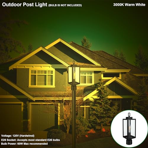 LIT-PaTH Outdoor Post Lighting Fixture with E26 Medium Base Max 60W, Metal Housing Plus Clear Glass, Matte Black Finish, Bulb Not Included, 1-Pack