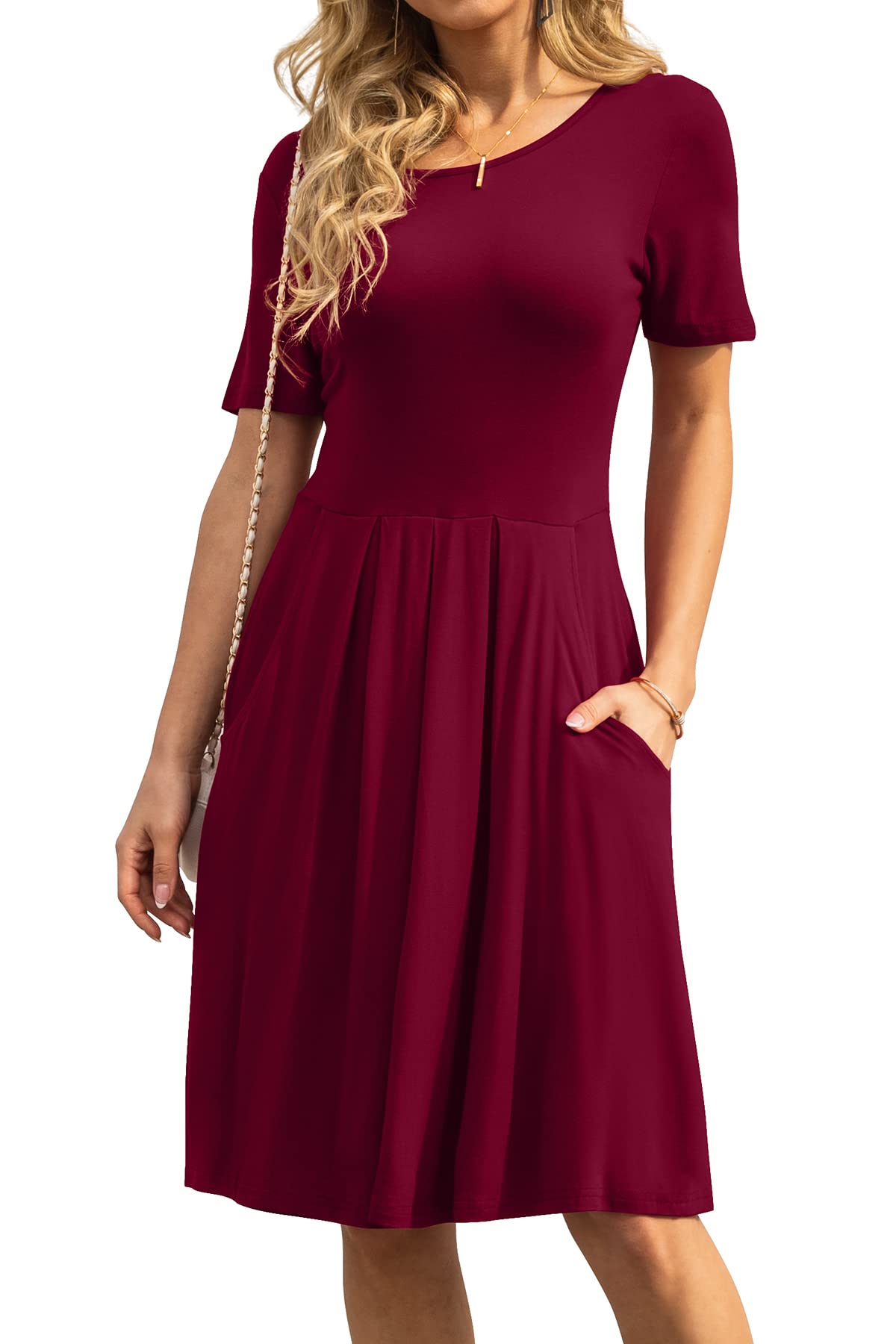 DouBCQ Women's Casual Short Sleeve Flowy Pleated Loose Dresses with Pockets (0-Wine Red, L)