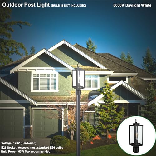 LIT-PaTH Outdoor Post Lighting Fixture with E26 Medium Base Max 60W, Metal Housing Plus Clear Glass, Matte Black Finish, Bulb Not Included, 1-Pack