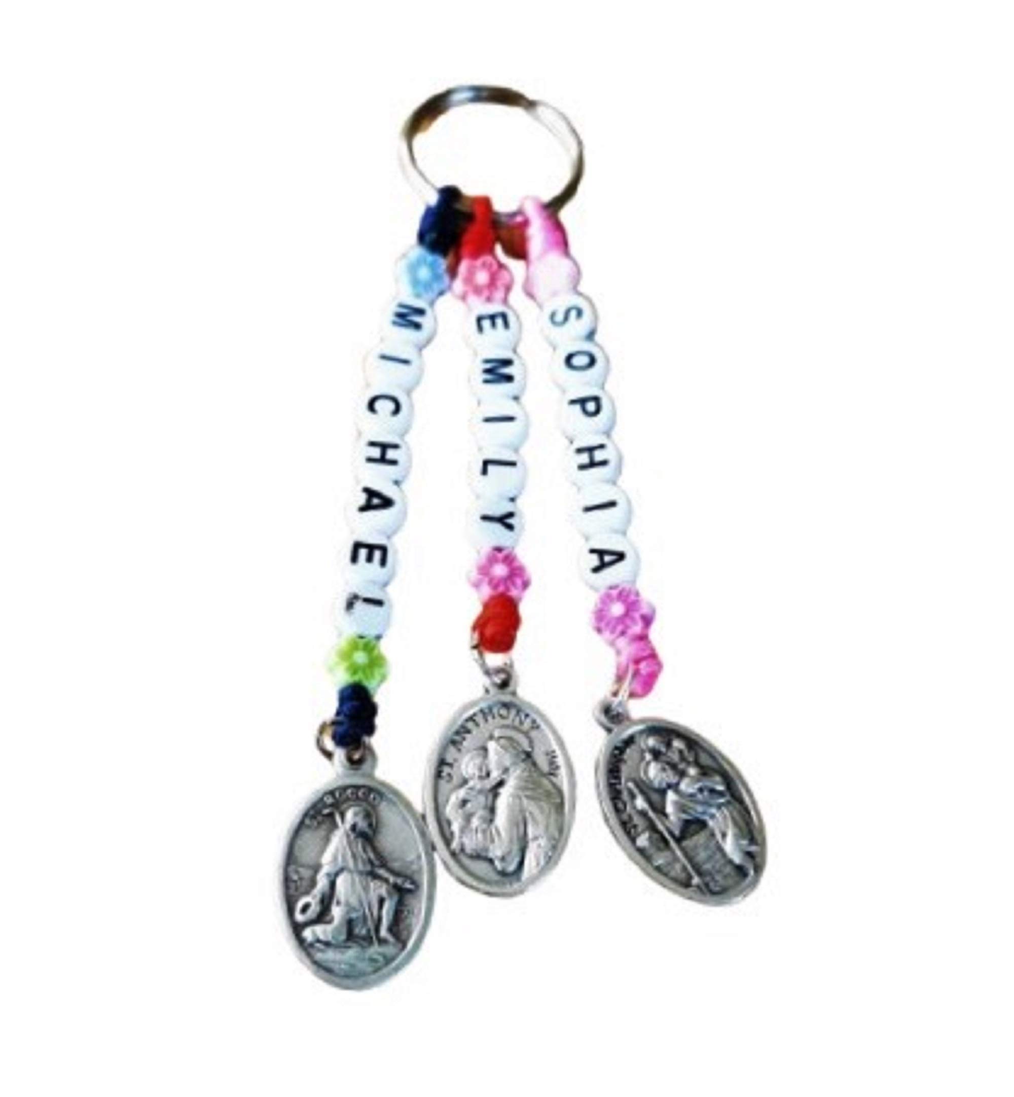 Custom Backpack Name Tags with Catholic Saint Medals - Personalized Bag Nametag