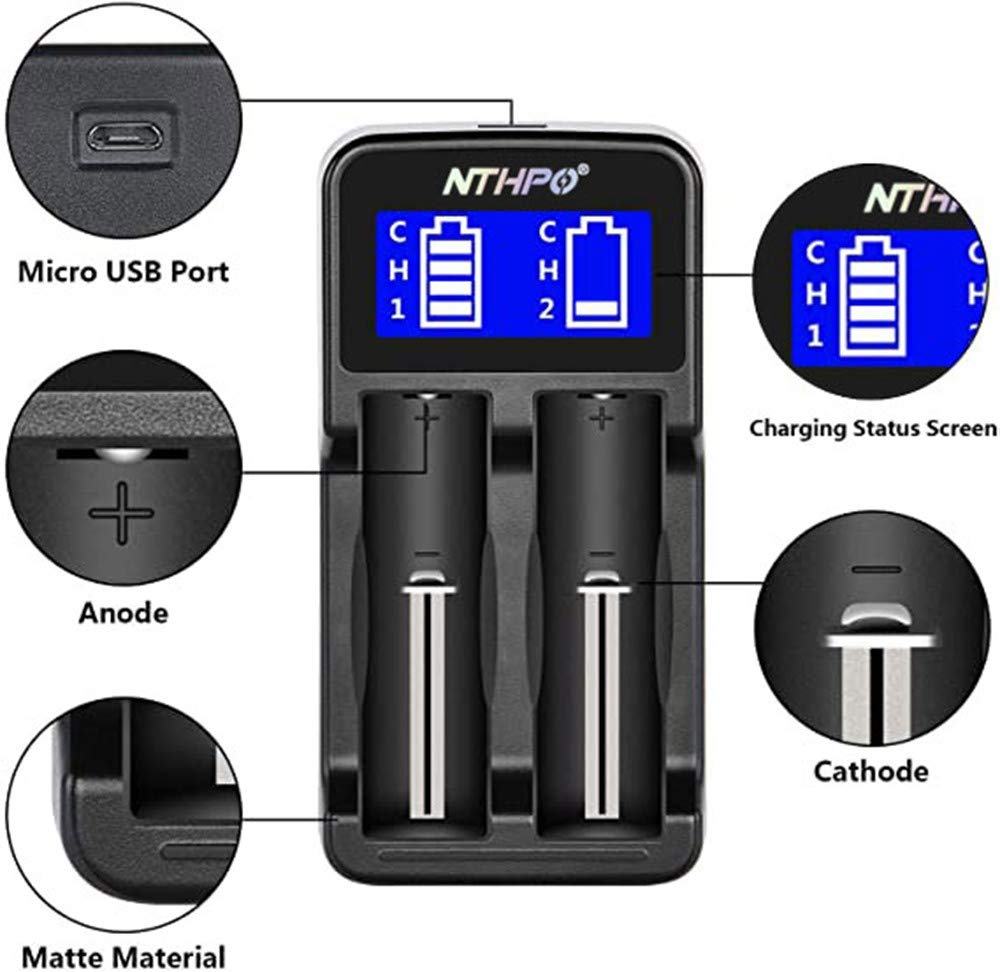 NTHPO Speedy Intelligent Charger, LCD Display Universal Smart Charger for Rechargeable 3.6V/3.7V Li-ion 18650 18490 18350 17670 17500 16340(RCR123) 14500 10440, 1.2V Ni-MH/Ni-CD AA AAA Batteries