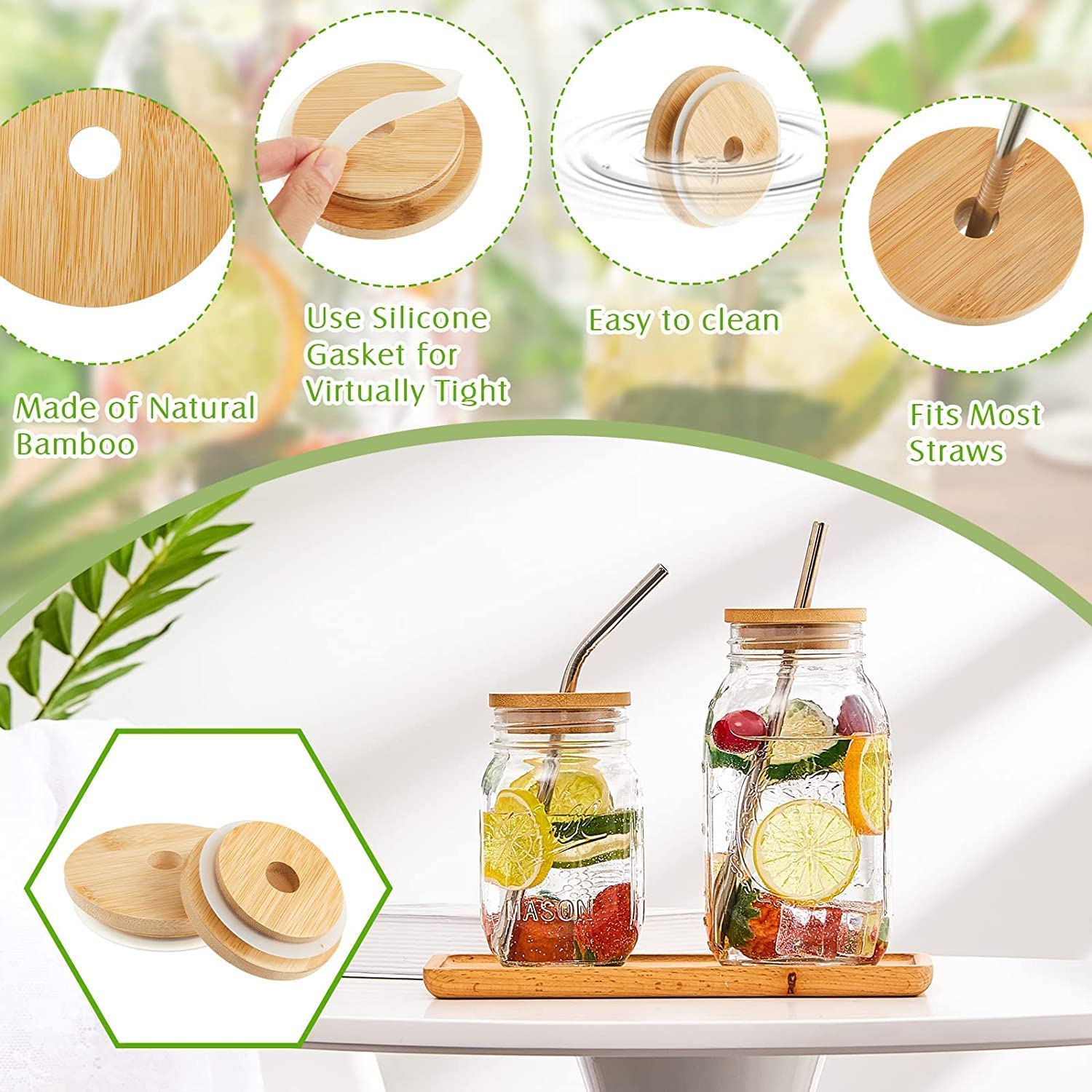 8 Pack 86mm Wide Mouth Bamboo Mason Jar Lids with Straw Hole, Eco-Friendly and Reusable Wooden Drinking Lids(8 PCS)