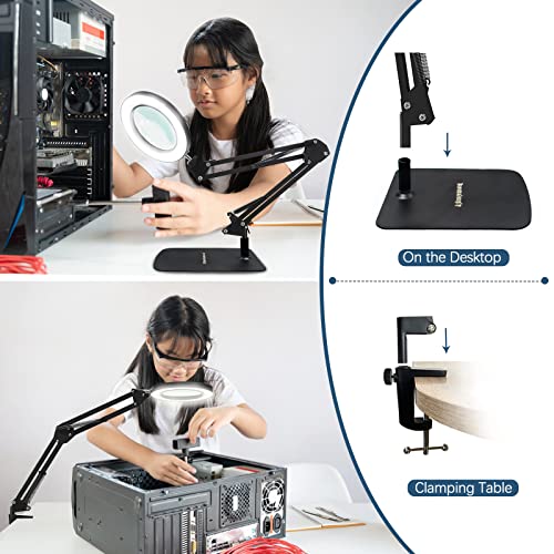 NEW 2-in-1 Magnifier Large Base & Clamp,10X Magnifying Glass with Light and Stand,Remote Control 3 Color Modes 10 Stepless Dimmable,Adjustable Arm Magnifier Lamp for Close Work,Crafts,Painting,Repair.