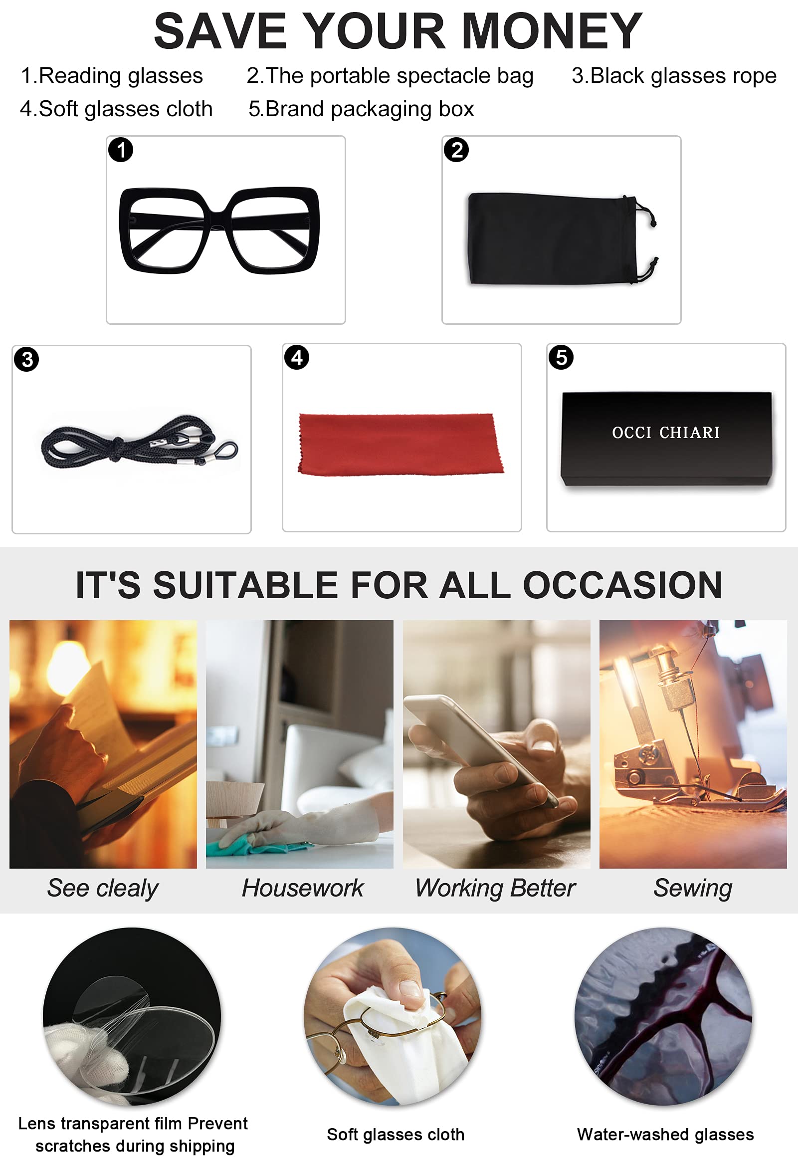 OCCI CHIARI 1.5 Reading Glasses Women Oversized Durable Reader 150(1.0 1.25 1.5 1.75 2.0 2.25 2.5 2.75 3.0 3.5 4.0) Large Frame