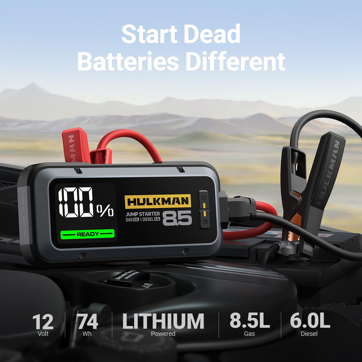 Hulkman Alpha85,Space Gray,2000A 74Wh Smart Jump Starter,12V Portable Car Battery Booster with 3.3" Display,USB-C Power Pack,5-Mode Flashlight,Jumper Cables for up to 8.5L Gas/6.0L Diesel