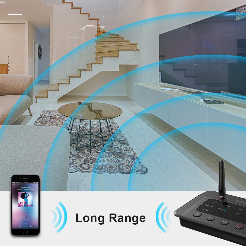 1Mii Long Range Bluetooth 5.0 Dual-Link Optical Analog Bypass Mode Inputs and Outputs Transmitter Receiver for TV, Home Stereo