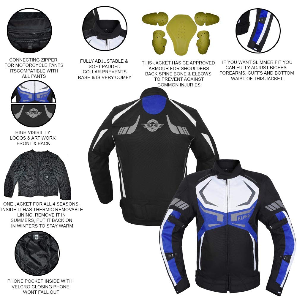 MOTORCYCLE JACKET MENS CE ARMORED BIKERS RIDING RACING WATERPROOF ALL SEASON JACKET (BLUE, X-LARGE)