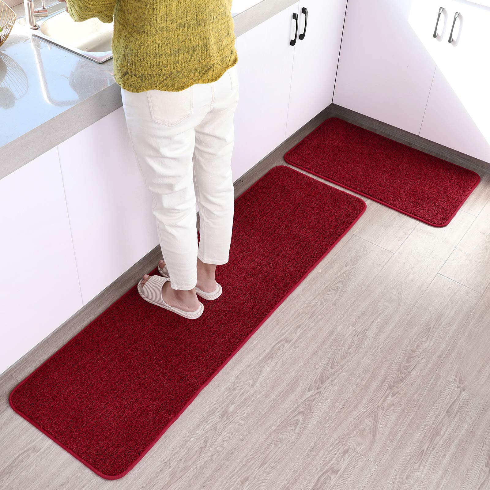 ITSOFT 2pc Non-Slip Kitchen Dirt Trapper Rug Runner Set, Absorbent Shoe Scraper, Machine Washable (59" x 17.5" + 29.5" x 17.5") (Red & Black)