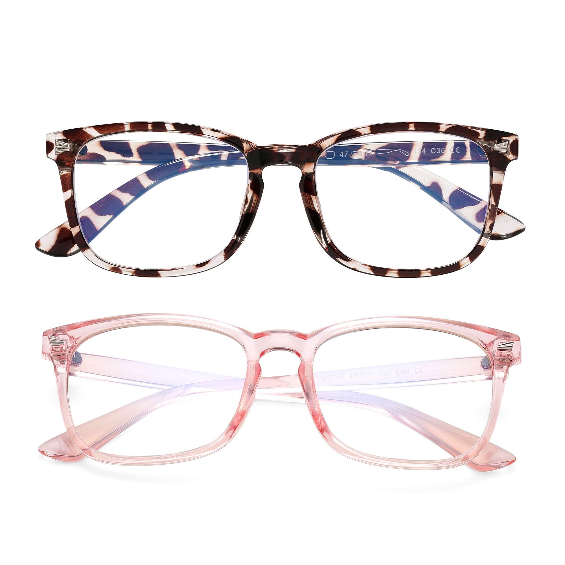 AZorb 2Pack Blue Light Blocking Glasses for Kids TR90 Unbreakable Computer Screen Glasses for Boys & Girls - 2 Pack(Transparent Pink+ Leopard)