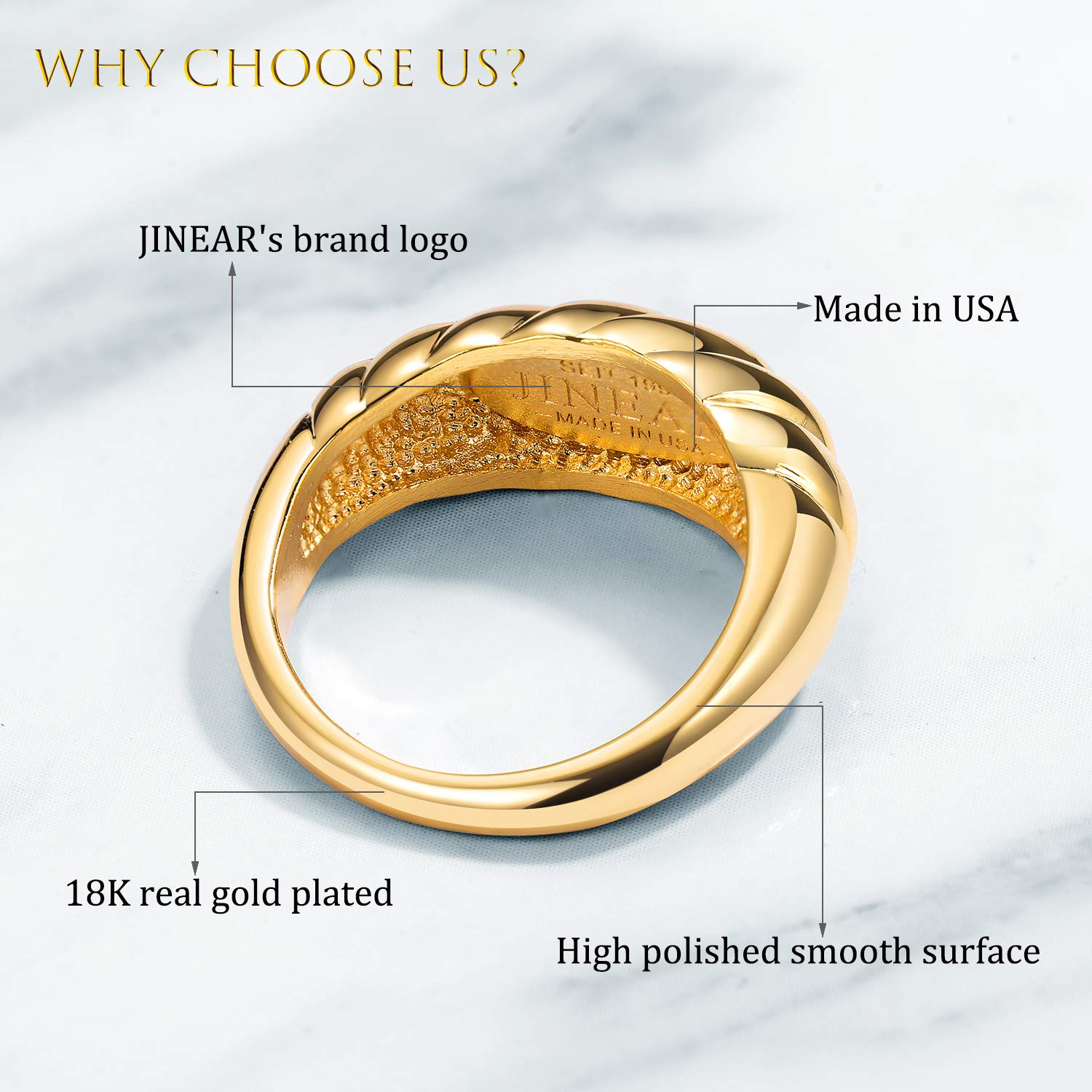 JINEAR 18k Gold Plated Croissant Braided Twisted Signet Chunky Dome Ring Stacking Star Band for Women and Men Statement Wedding Ring Minimalist Jewelry