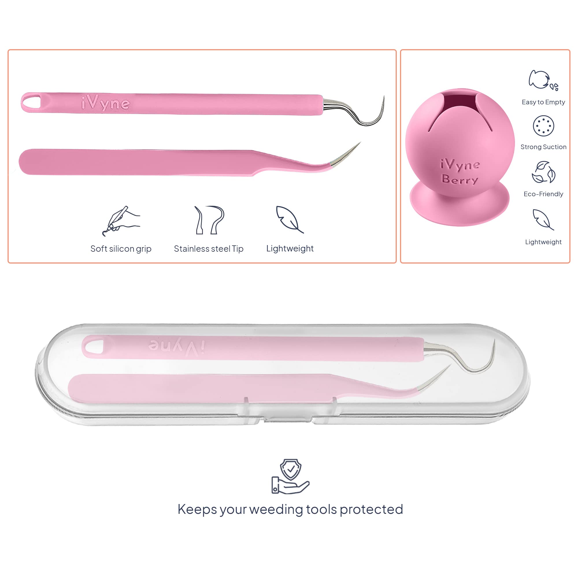 iVyne Berry and Silicone Weeding Tools for Vinyl, Suction Vinyl Weeding Scrap Collector Holder, Craft Tweezer, Weeder, Vinyl Weeding Tool Kit for Cricut, Silhouette Accessories Scrap Storage - Pink
