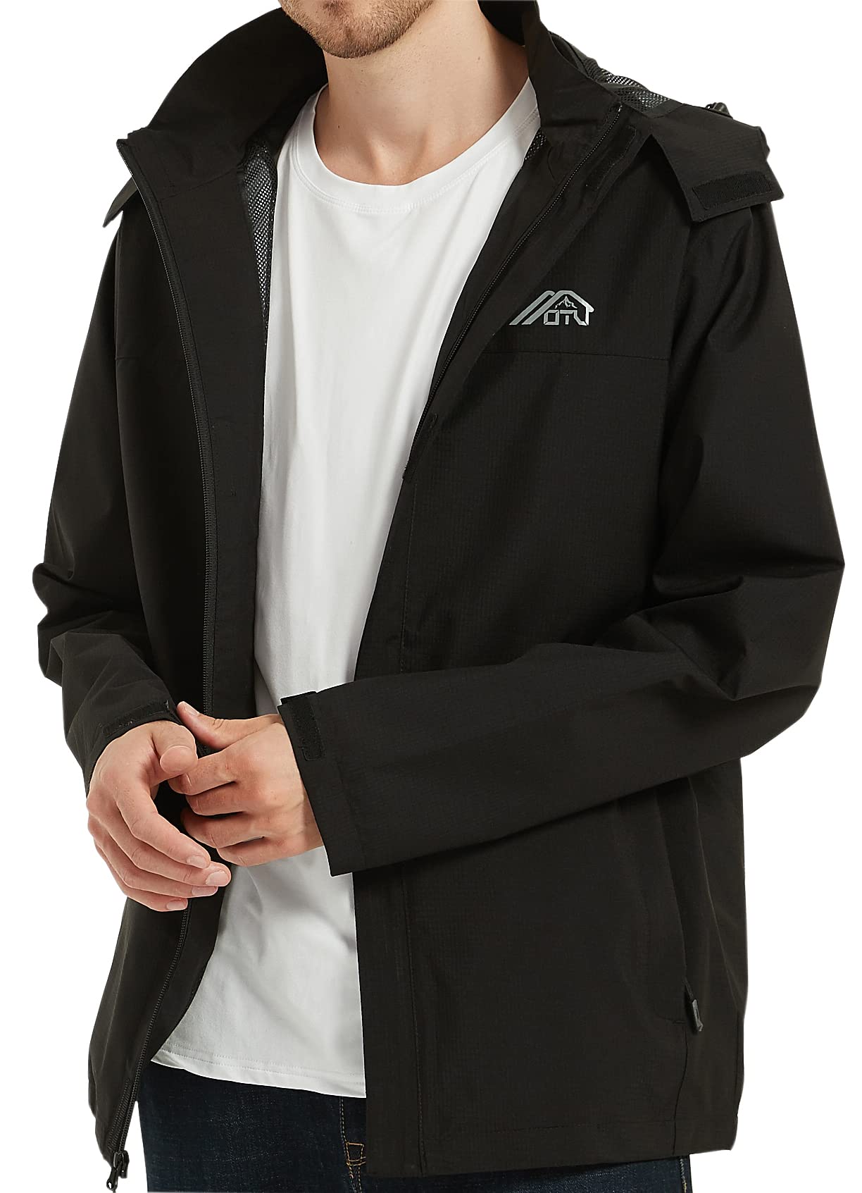 OTU Men's Lightweight Waterproof Hooded Rain Jacket Outdoor Raincoat Shell Jacket for Hiking Travel Black XL