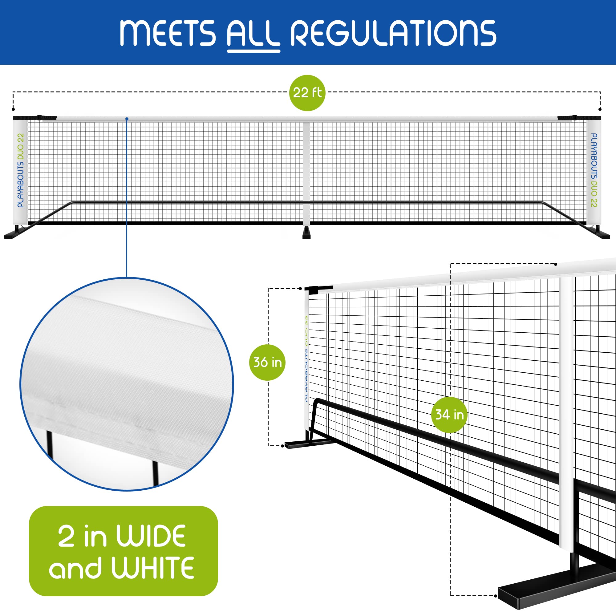 2 Pickleball Nets in 1 – PLAYABOUTS Duo – Set up 22 ft Regulation Size or 11 ft Half Court – Versatile Portable Pickleball Net System for Indoor/Outdoor Pickle Ball Games on Court, Driveway, Backyard