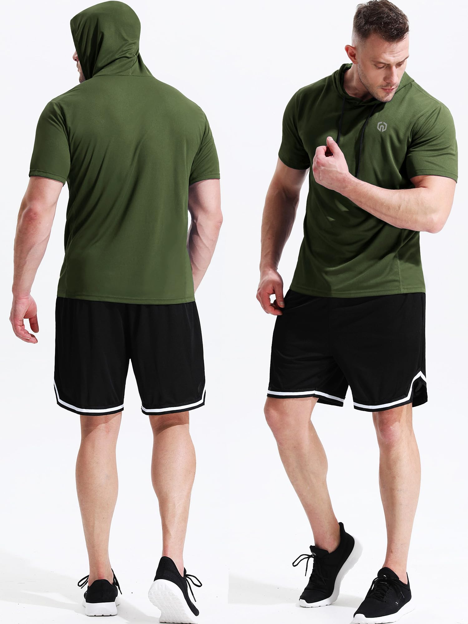 NELEUS Men's Running Shirt Mesh Workout Athletic Shirts with Hoods,5084,3 Pack,Black/Grey/Olive Green,US L,EU XL