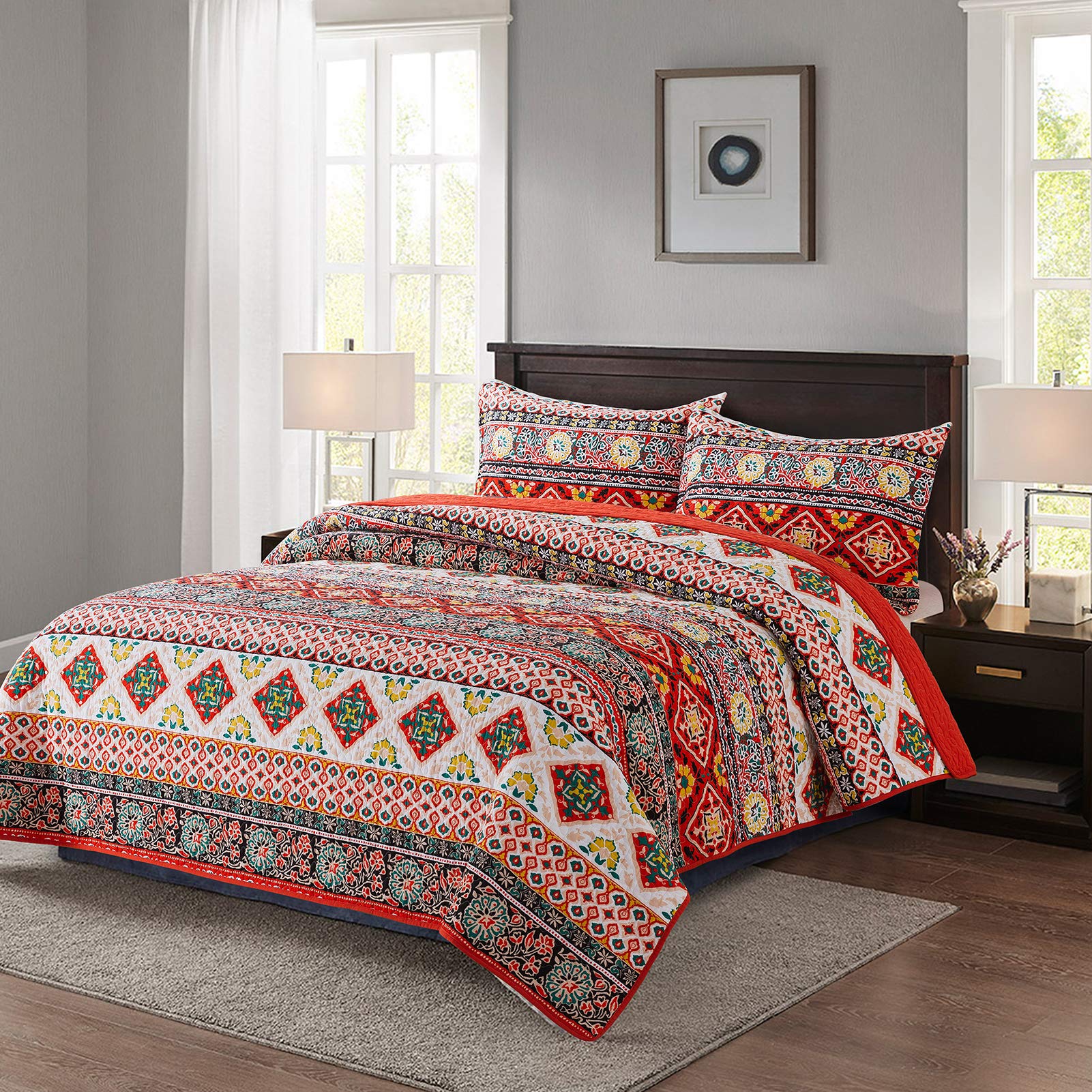 NEWLAKE Cotton Bedspread Quilt Sets-Reversible Patchwork Coverlet Set, European Boho Striped Pattern, Queen Size