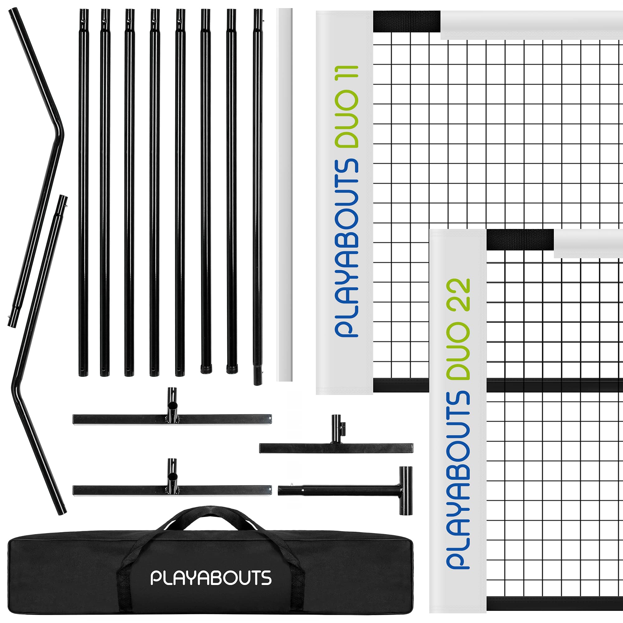 2 Pickleball Nets in 1 – PLAYABOUTS Duo – Set up 22 ft Regulation Size or 11 ft Half Court – Versatile Portable Pickleball Net System for Indoor/Outdoor Pickle Ball Games on Court, Driveway, Backyard