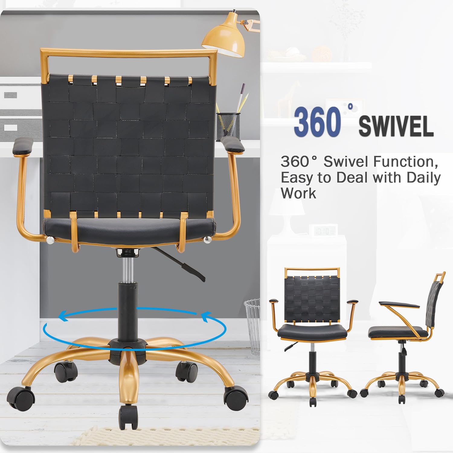 CAROCC Gold Office Chair Modern Home Office Chair Computer Task Chair Leather Swivel Adjustable Height Cute Vanity Chairs (Black)