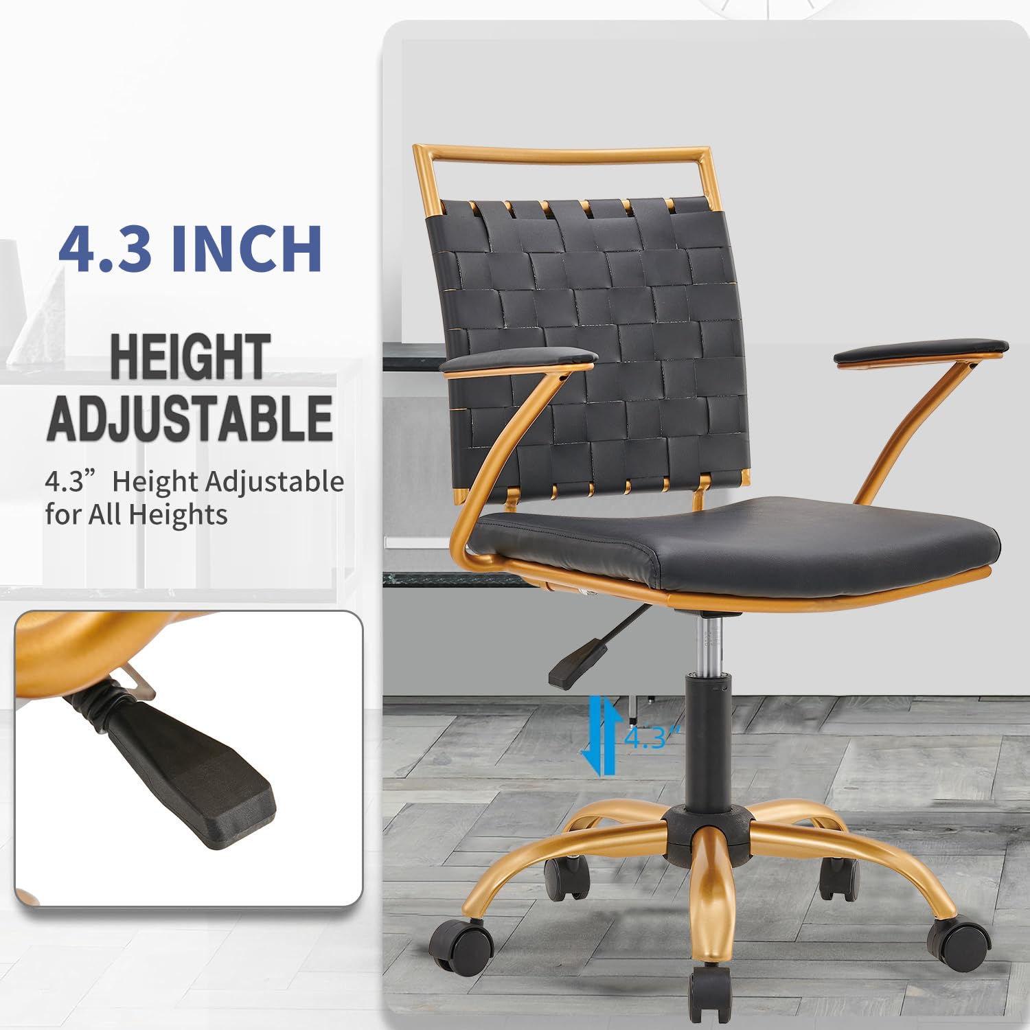 CAROCC Gold Office Chair Modern Home Office Chair Computer Task Chair Leather Swivel Adjustable Height Cute Vanity Chairs (Black)