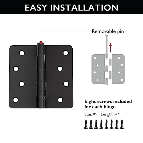Door Hinges for Interior Doors 10-Pack 4-inch x 4-inch, Design House 1/4-inch Radius Steel Door Hinge Door Hardware, Matte Black, 188953