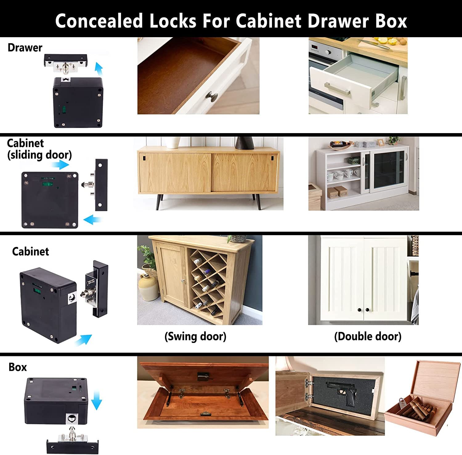 CODACE Electronic DIY Cabinet Lock, Smart NFC RFID Lock with Slide Latch for Double Hidden Door Cabinet Drawer Wooden Cupboard