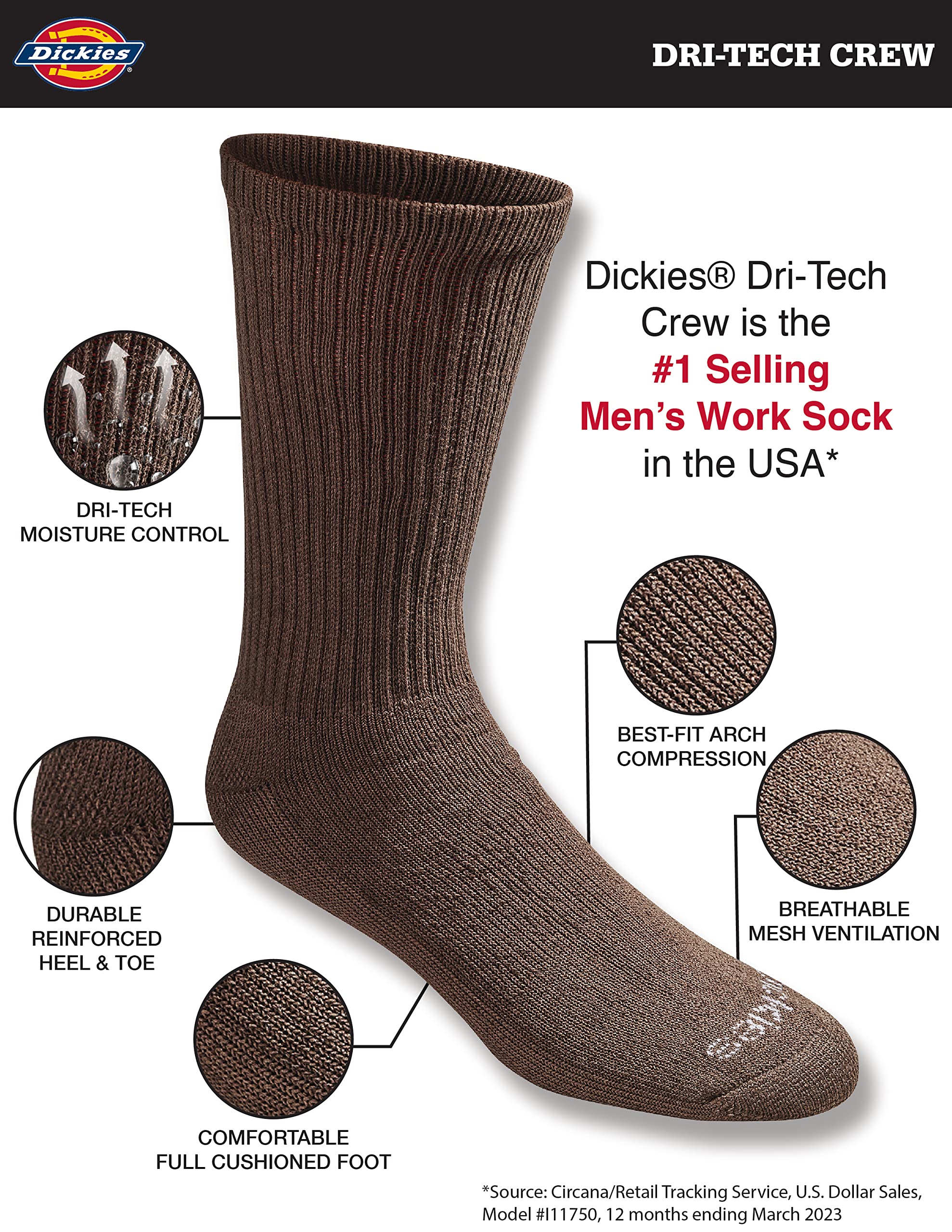 Dickies Men's Dri-Tech Essential Moisture Control Crew Socks, Available in M-XXL (6, 12, Solid Brown (6 Pairs), Large